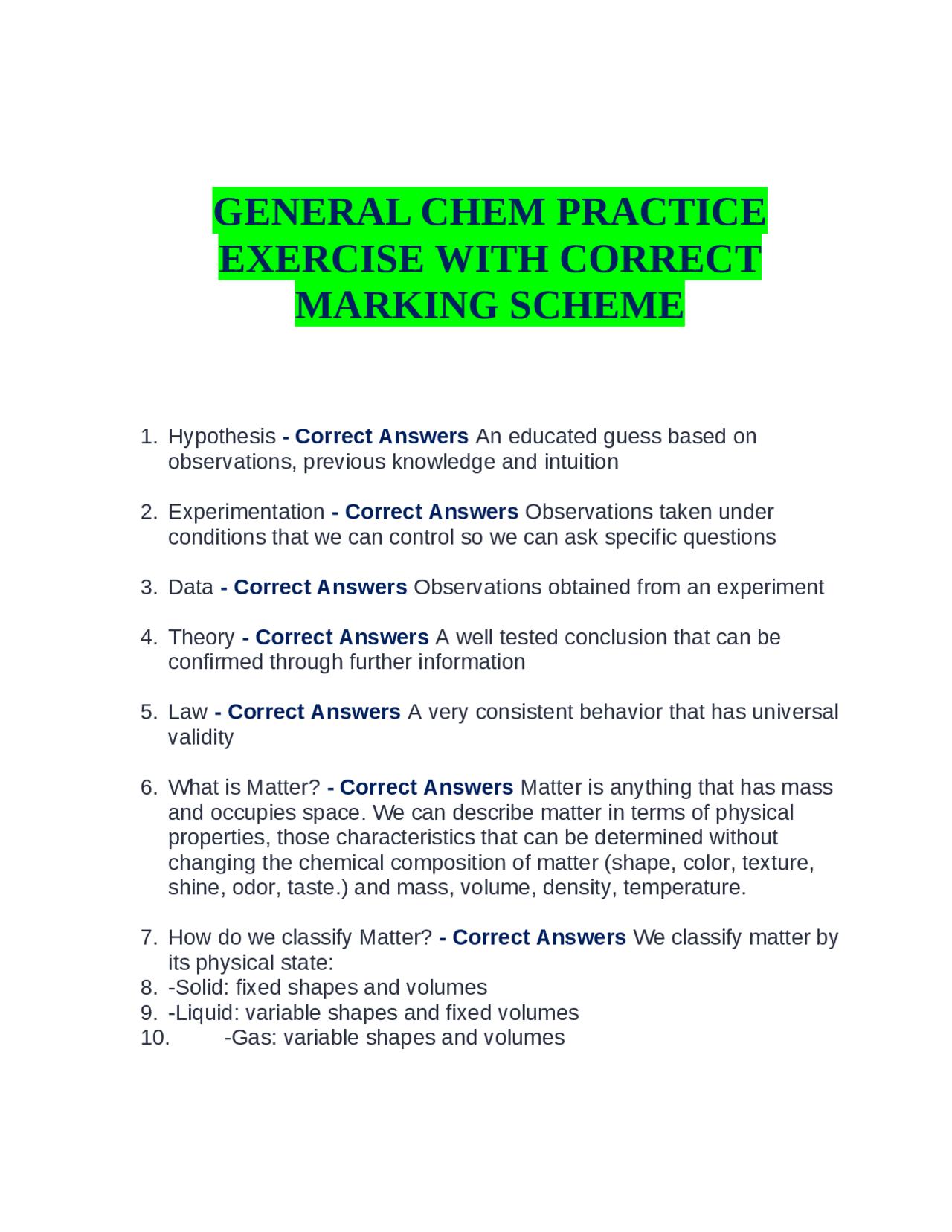 GENERAL CHEM PRACTICE EXERCISE WITH CORRECT MARKING SCHEME | Exams ...