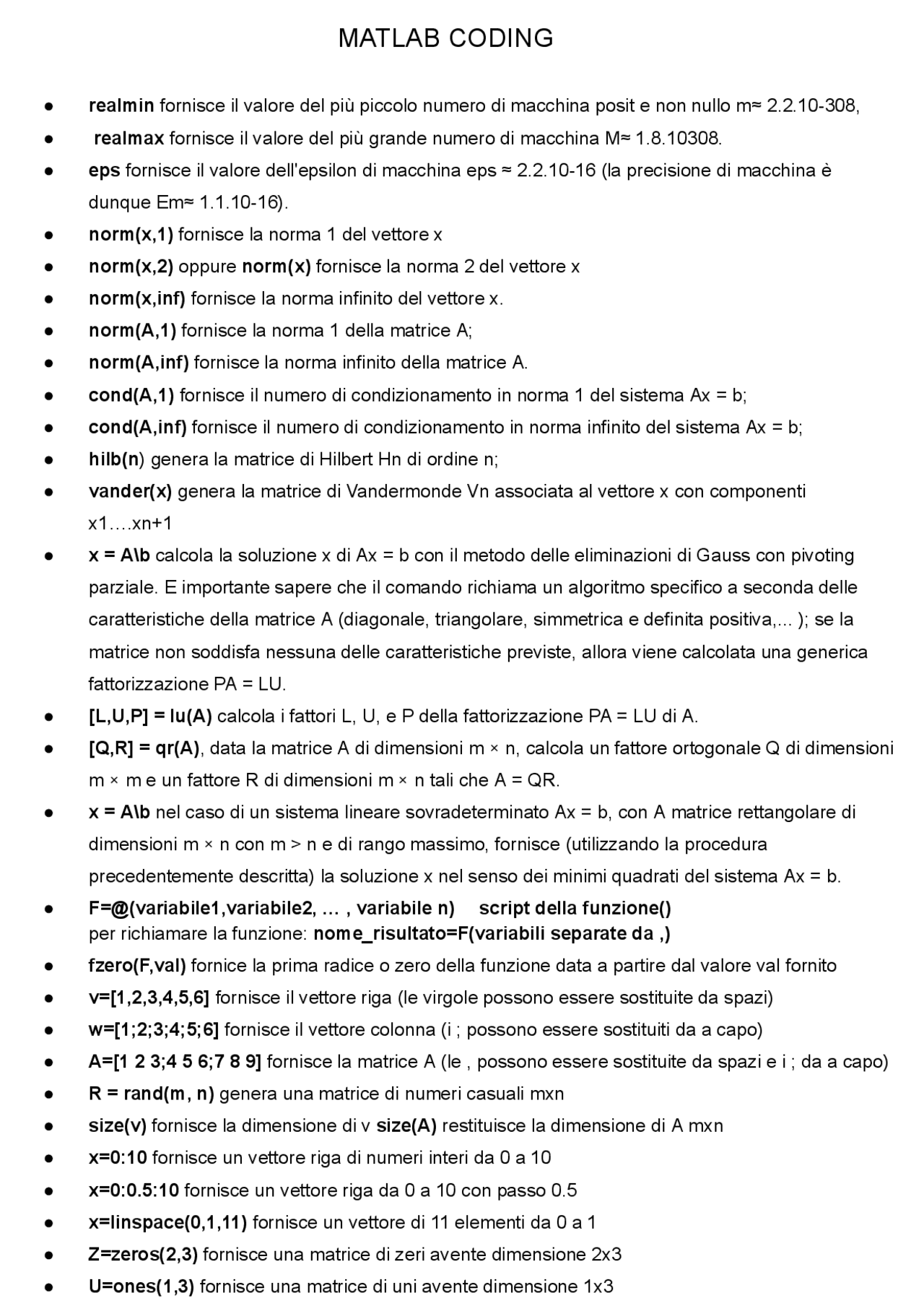 MATLAB - Formulario di calcolo numerico | Schemi e mappe concettuali di Matlab | Docsity