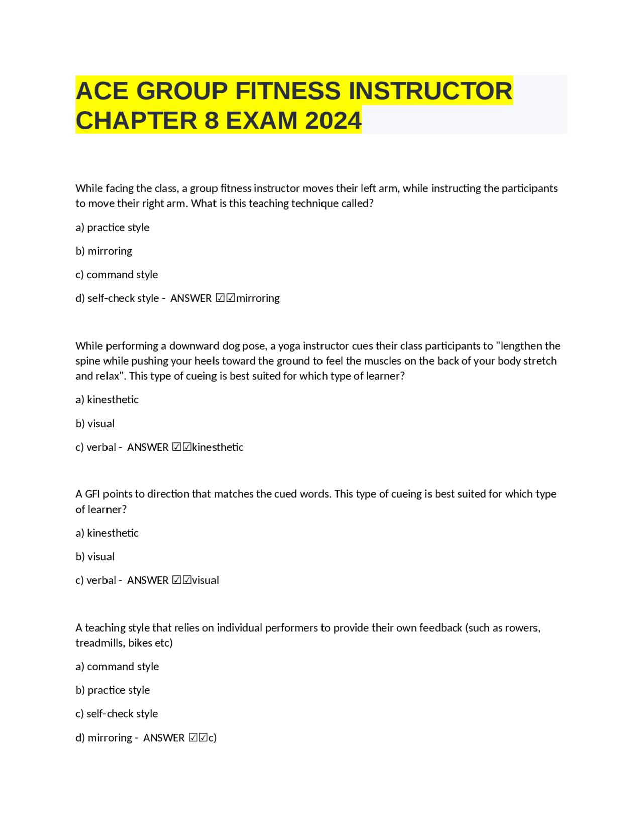 ACE GROUP FITNESS INSTRUCTOR CHAPTER 8 EXAM 2024 | Exams Nursing | Docsity