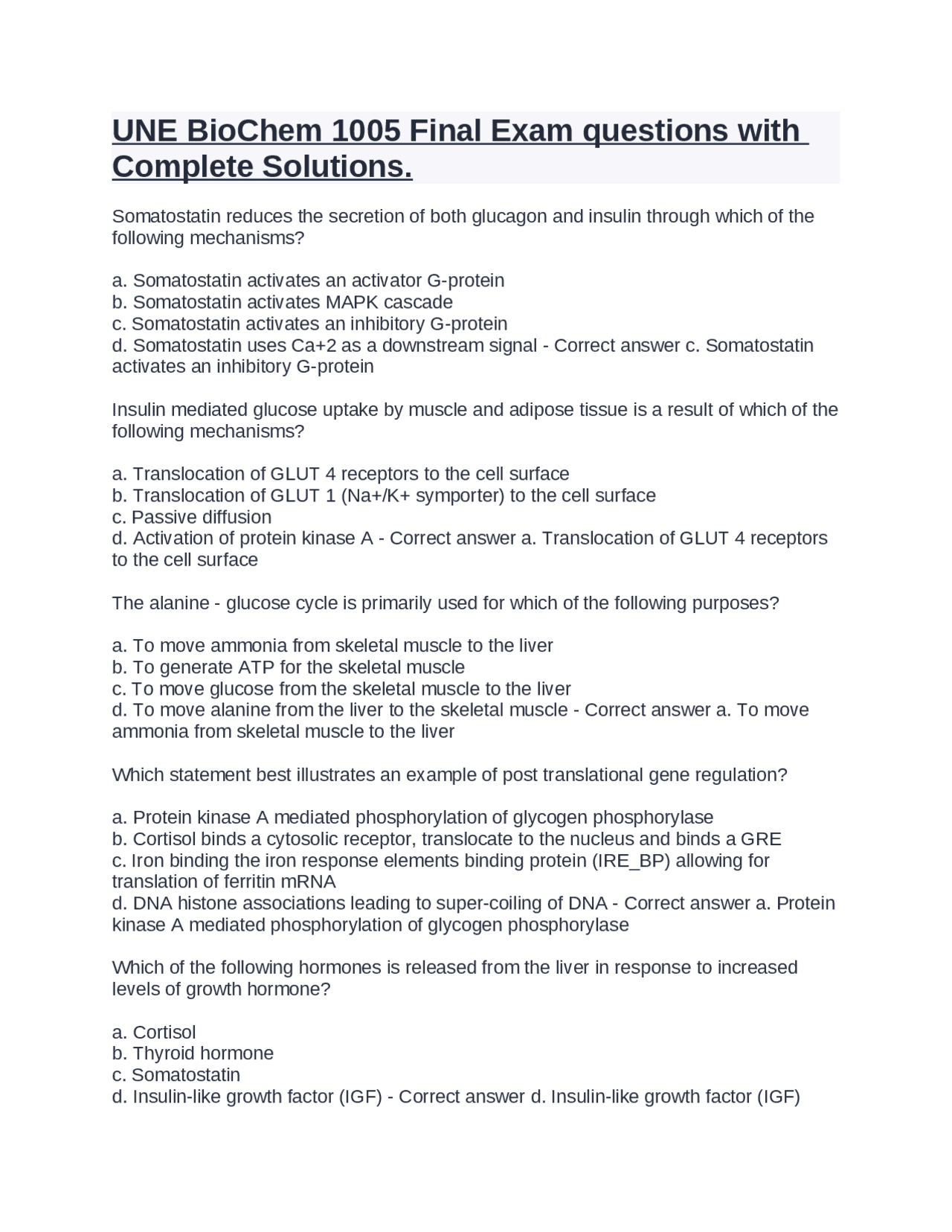 UNE BioChem 1005 Final Exam questions with Complete Solutions. | Exams ...