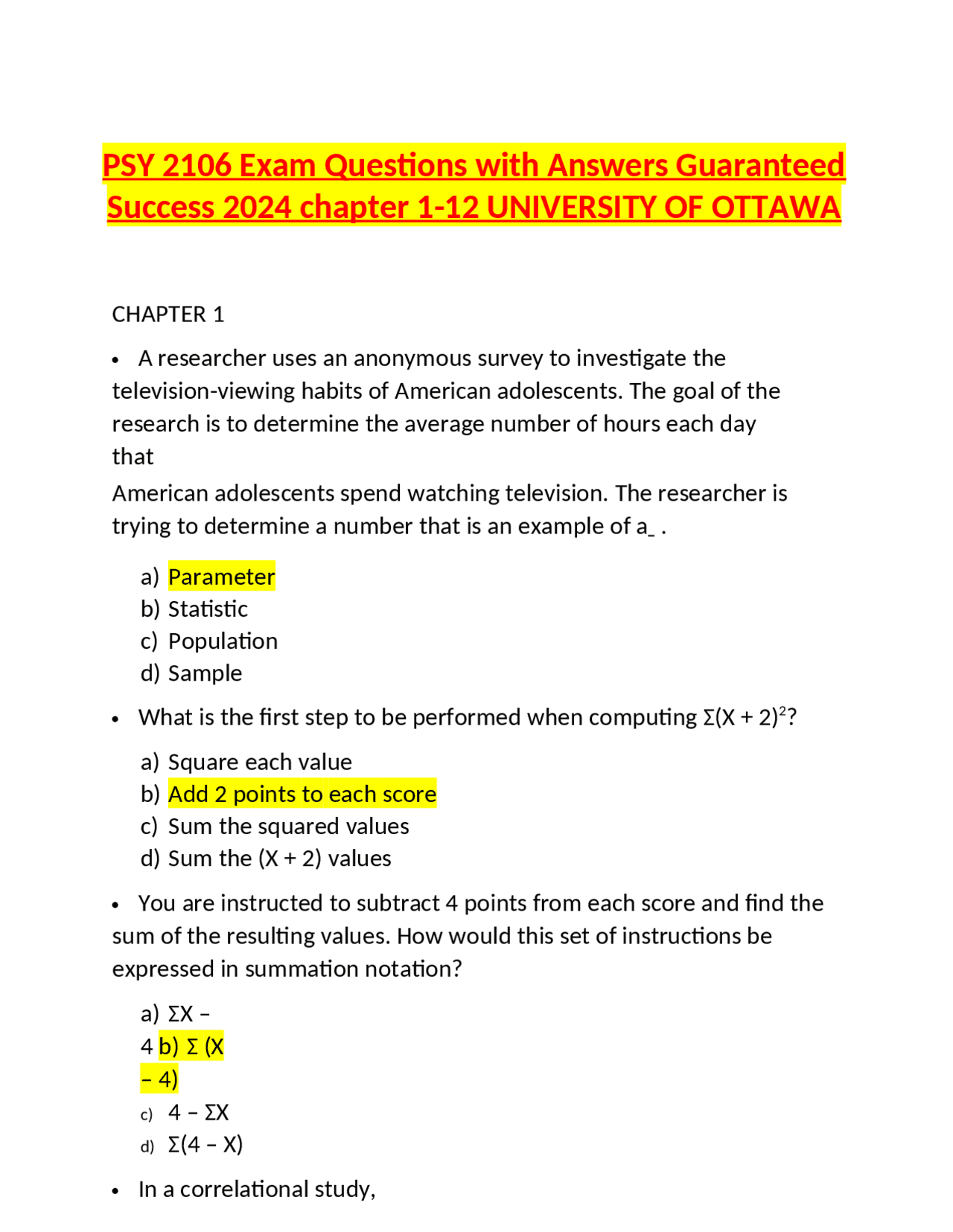 PSY 2106 Exam Questions with Answers Guaranteed Success 2024 chapter 1-12 UNIVERSITY OF OT ...