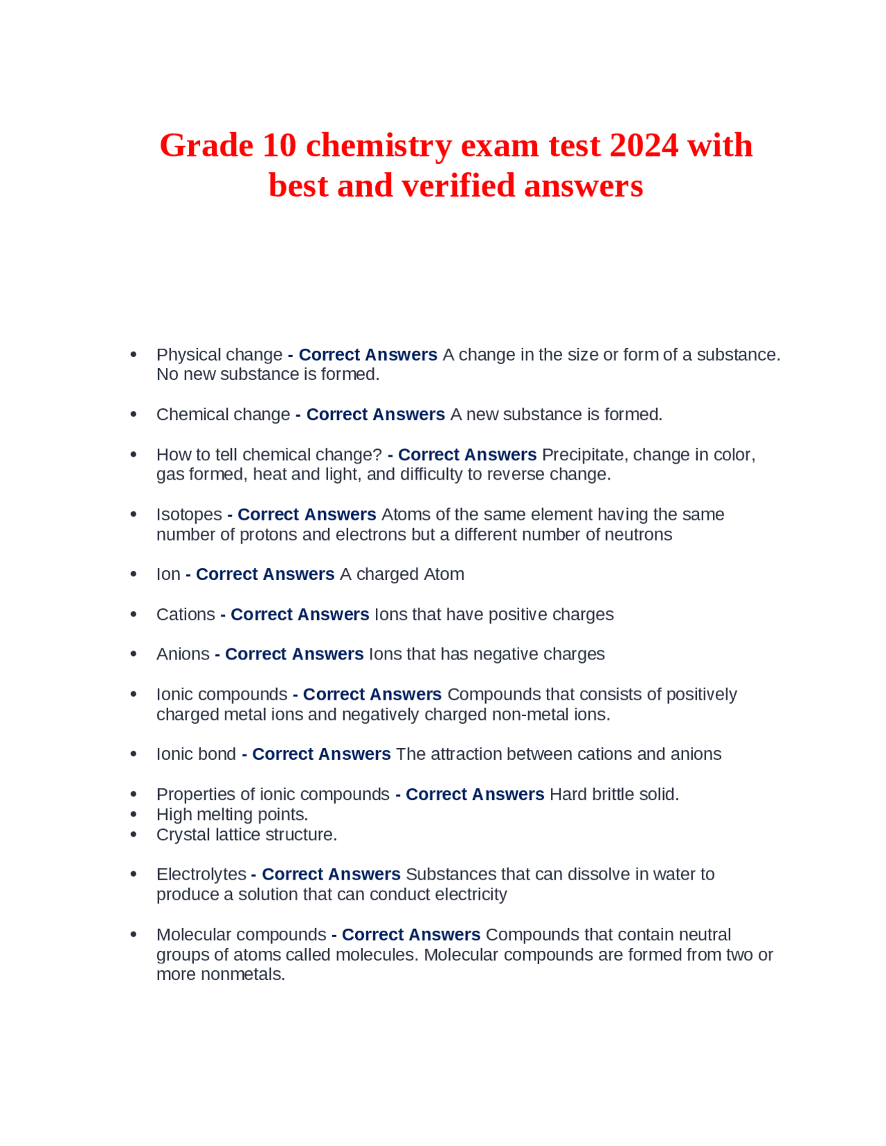 Grade 10 chemistry exam test 2024 with best and verified answers ...