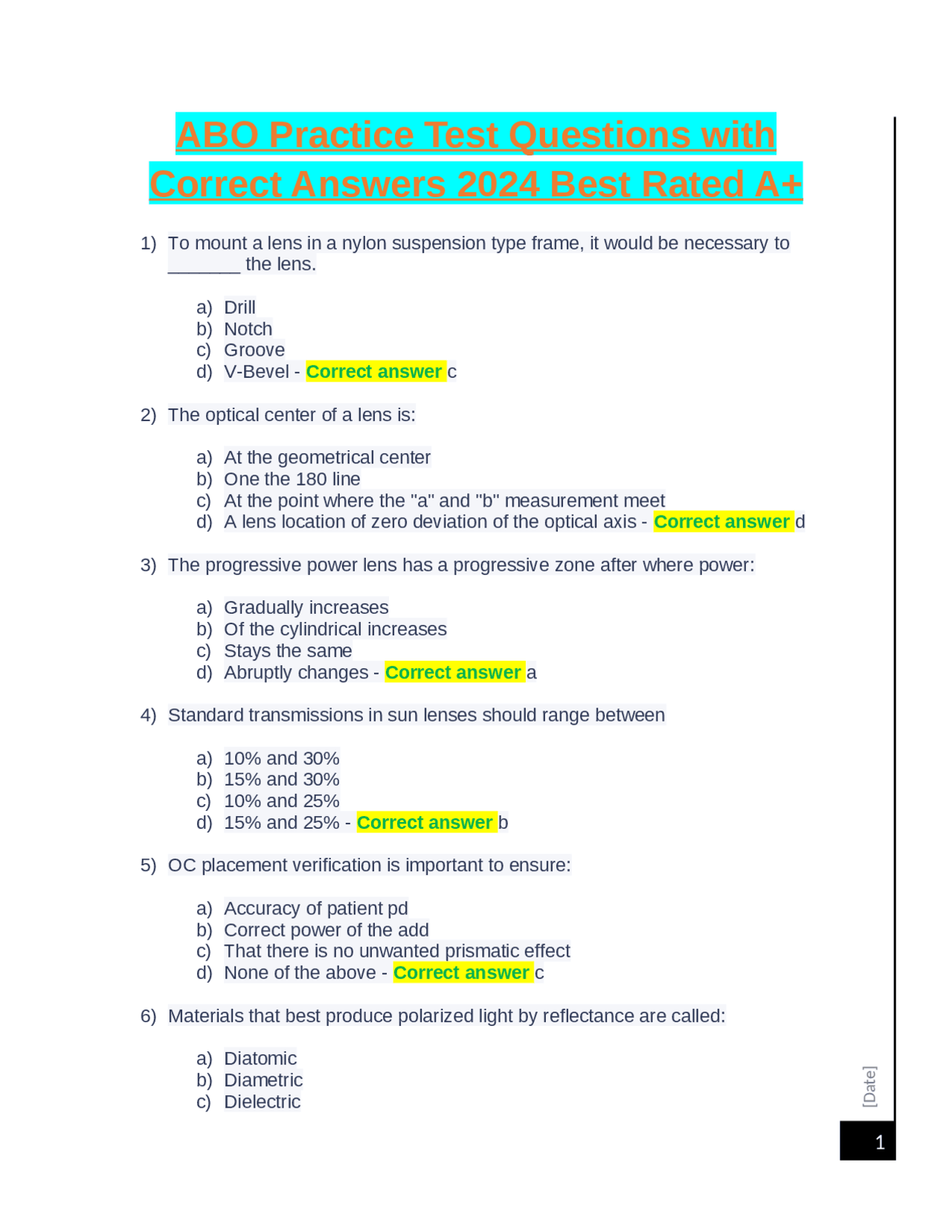 ABO Practice Test Questions with Correct Answers 2024 Best Rated A+ ...