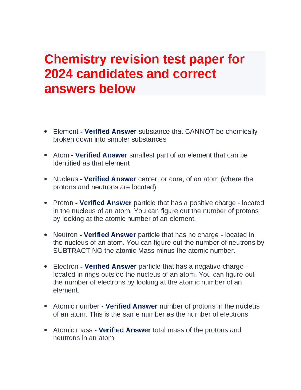Chemistry revision test paper for 2024 candidates and correct answers ...