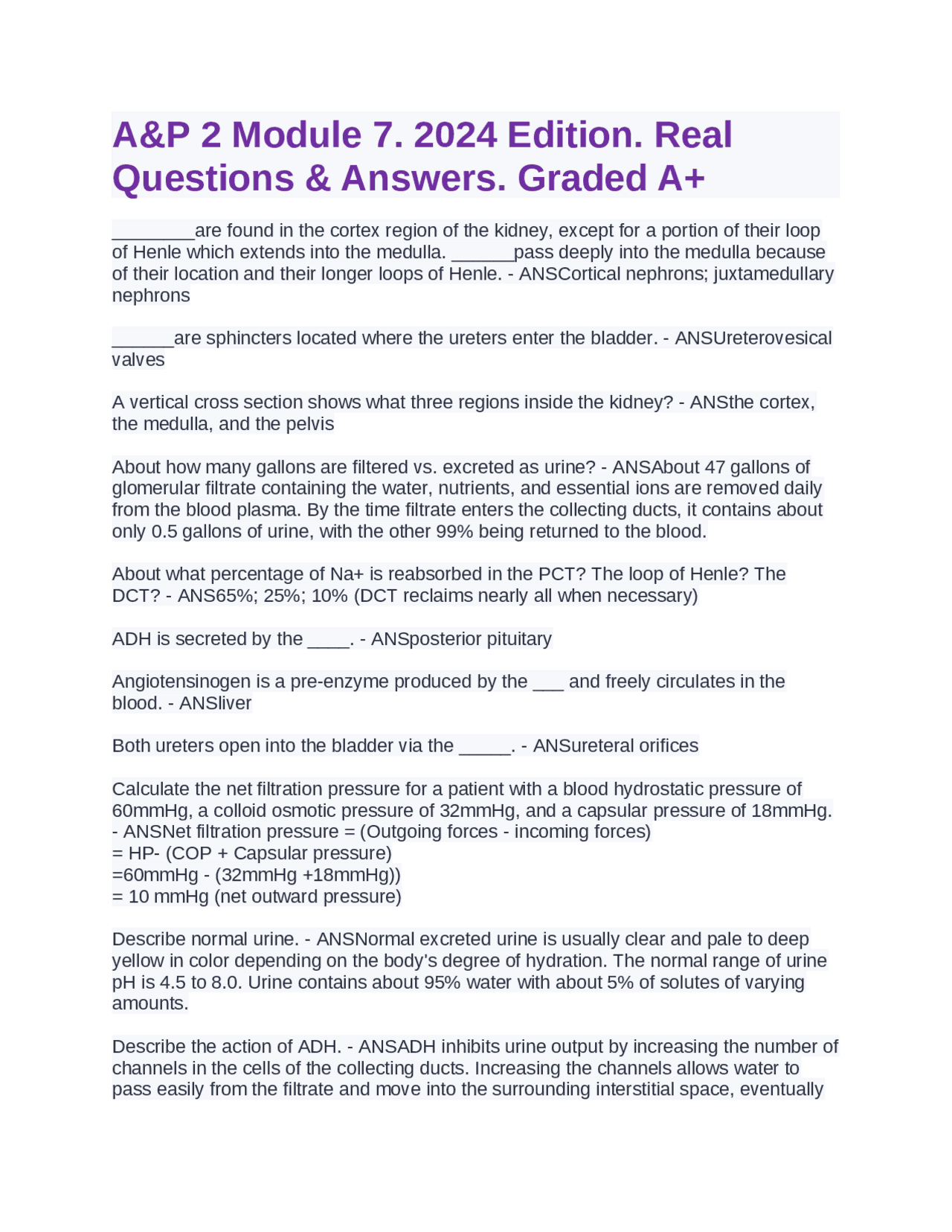 A&P 2 Module 7. 2024 Edition. Real Questions & Answers. Graded A+ ...