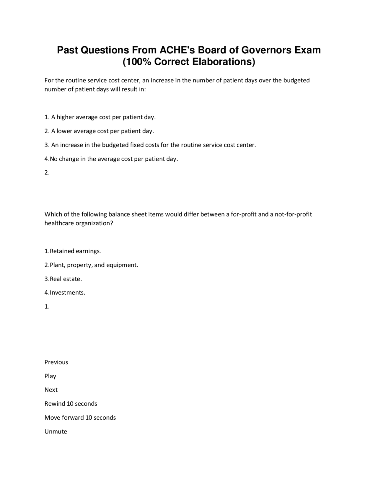 Past Questions From ACHE's Board of Governors Exam (100% Correct ...