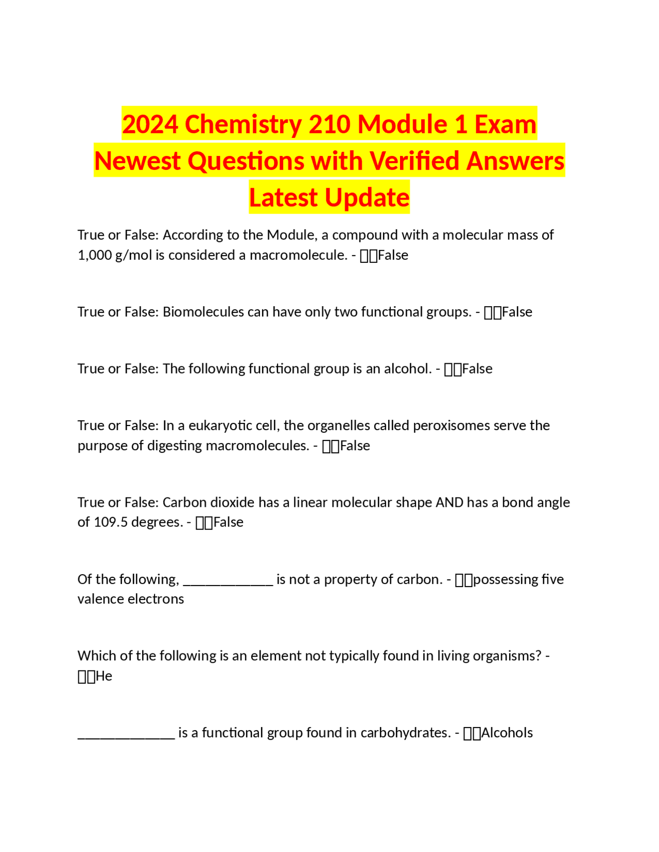 2024 Chemistry 210 Module 1 Exam Newest Questions with Verified Answers ...