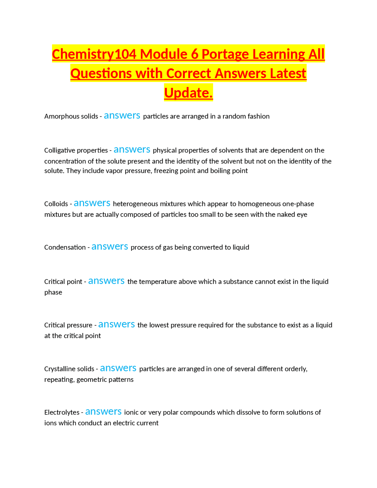 Chemistry104 Module 6 Portage Learning All Questions with Correct ...