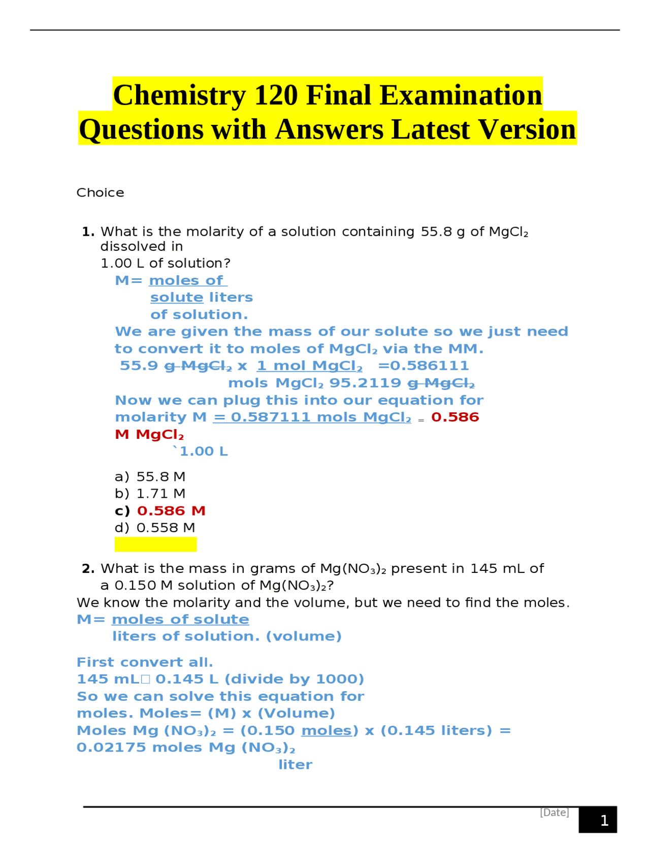Chemistry 120 Final Examination Questions with Answers Latest Version ...