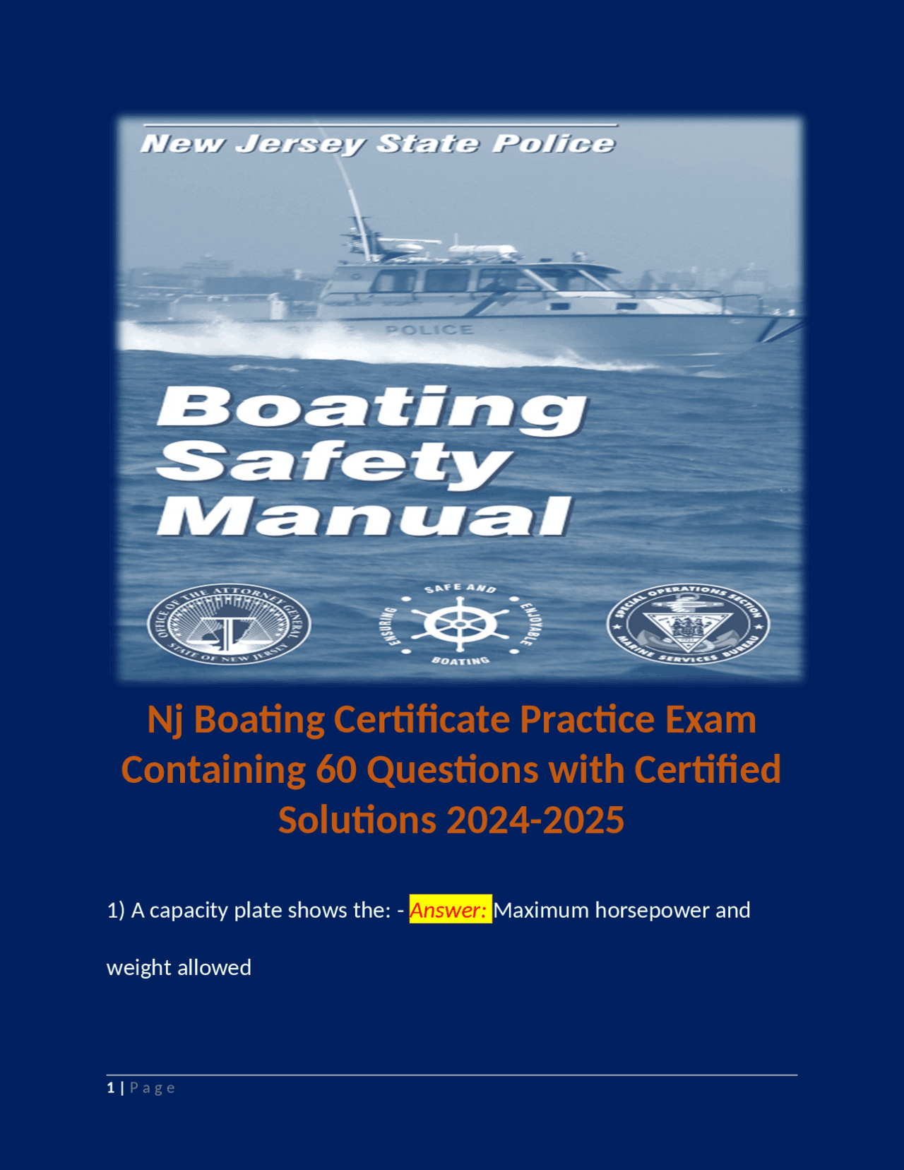 Nj Boating Certificate Practice Exam | Exams Maritime Law | Docsity