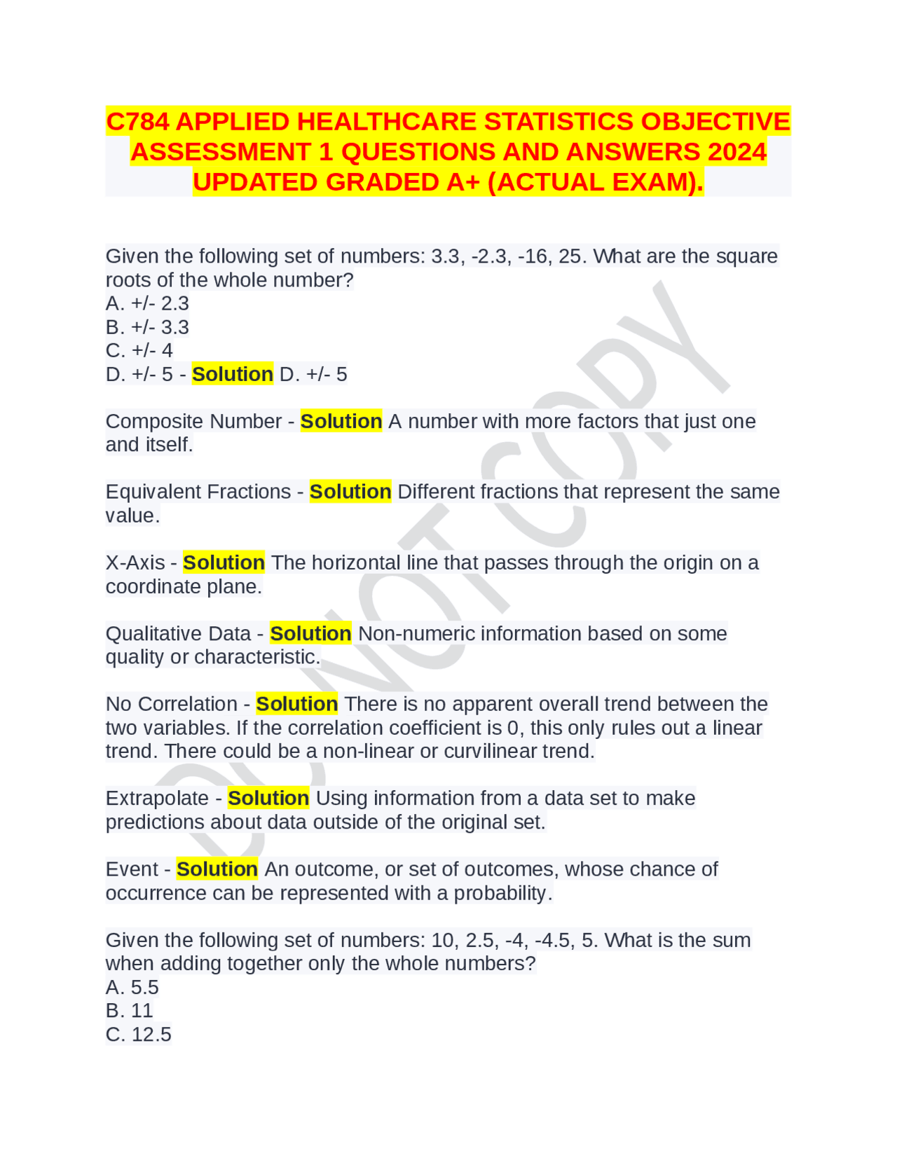 C784 APPLIED HEALTHCARE STATISTICS OBJECTIVE ASSESSMENT 1 QUESTIONS AND ANSWERS 2024 UPDAT ...