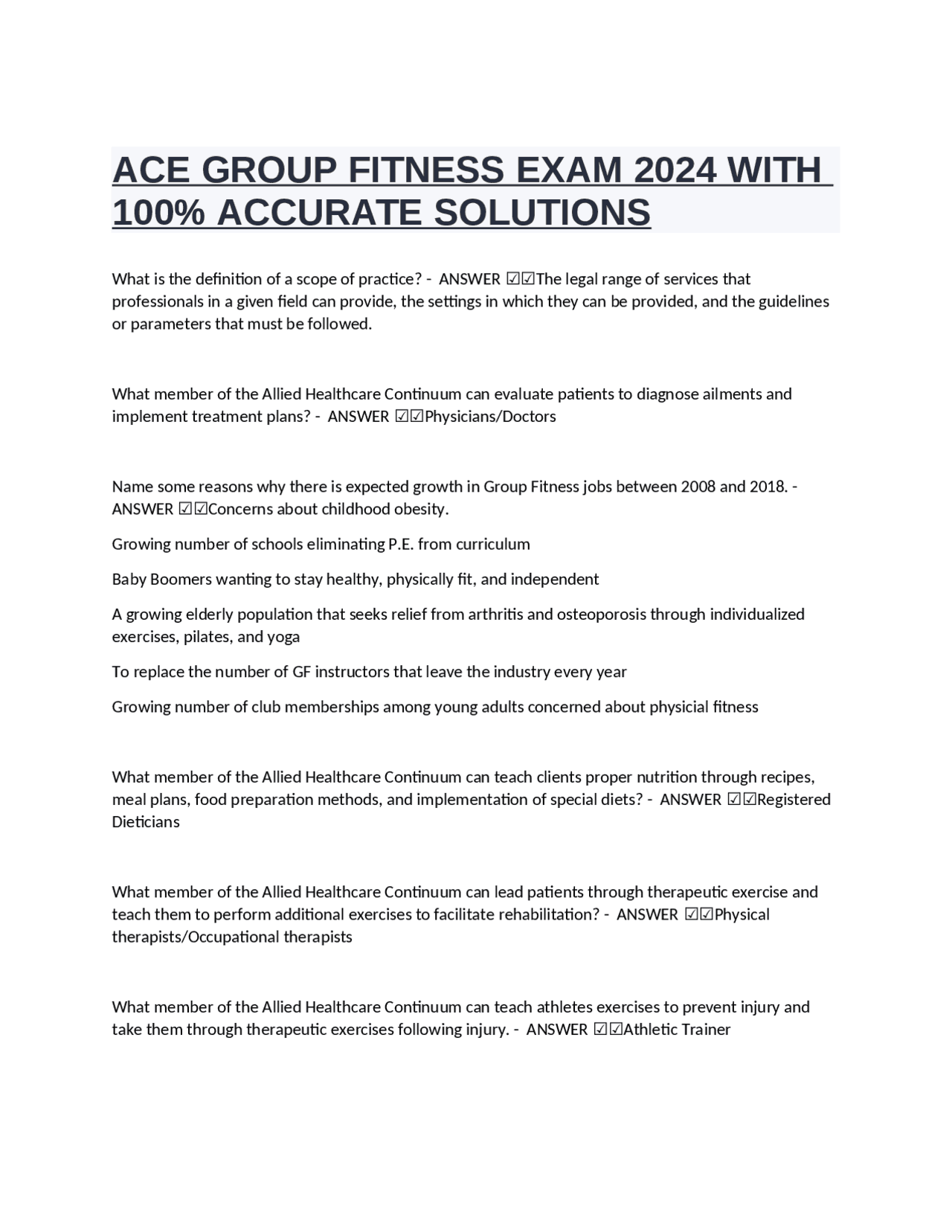ACE Group Fitness Exam 2024: Comprehensive Study Guide with Solutions ...