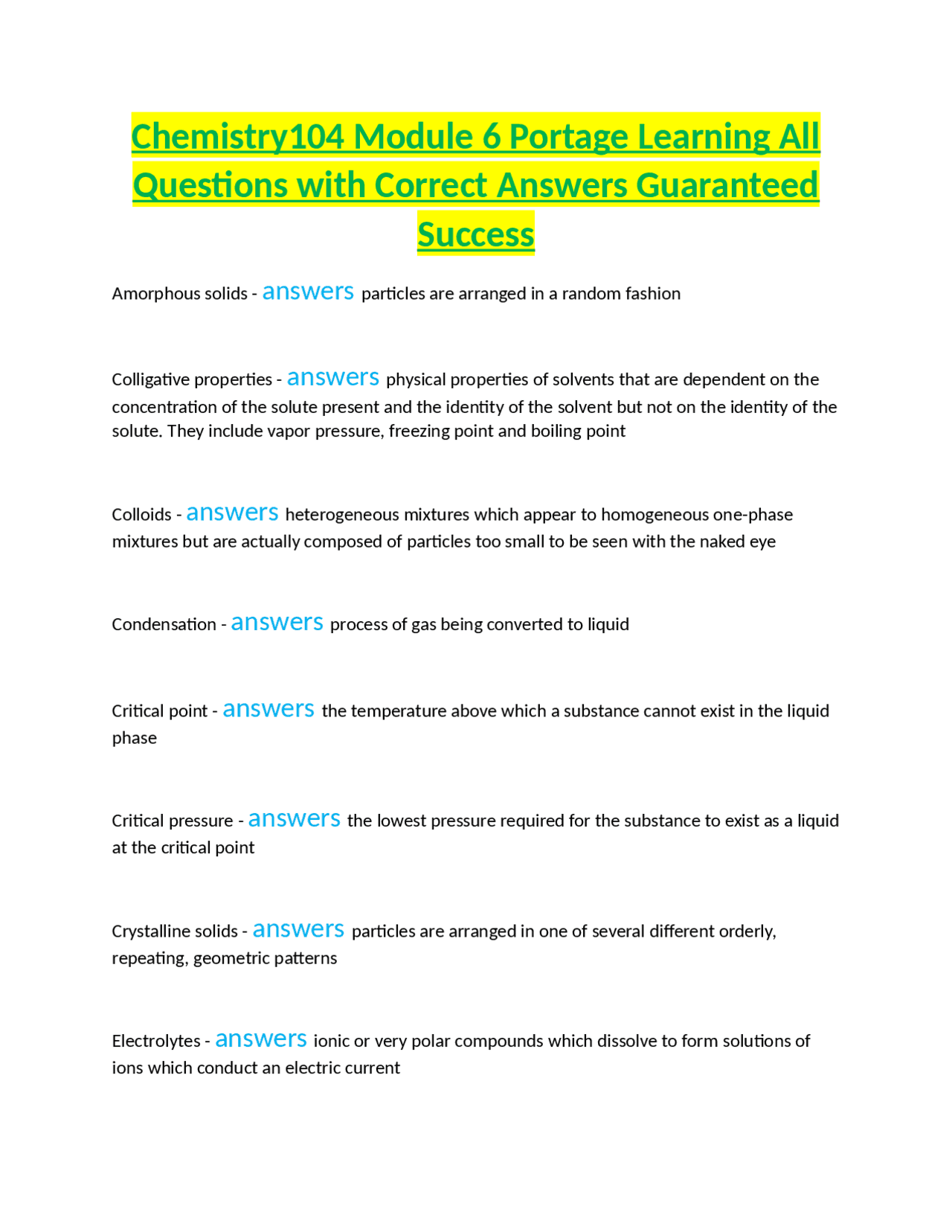 Chemistry104 Module 6 Portage Learning All Questions with Correct ...
