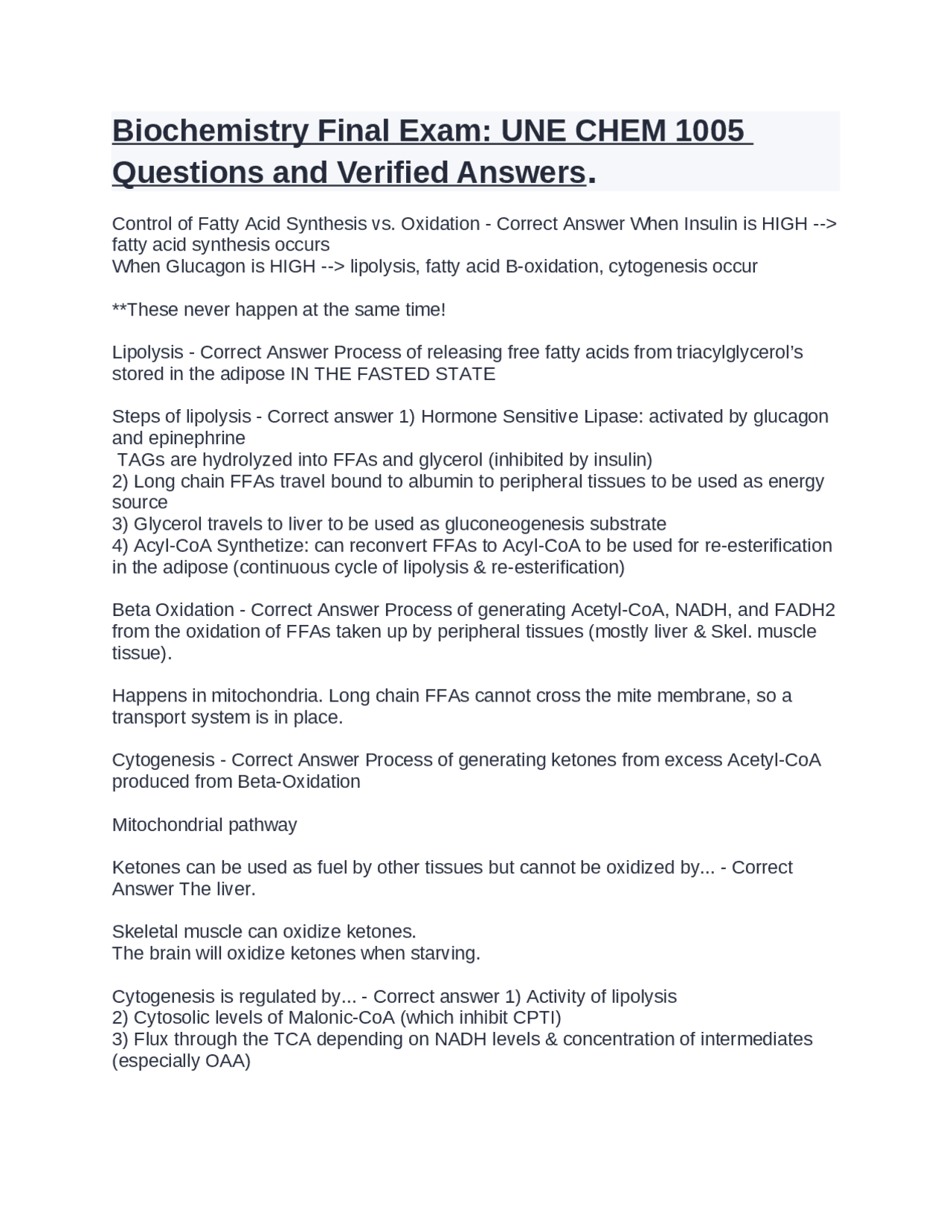 Biochemistry Final Exam: UNE CHEM 1005 Questions and Verified Answers ...