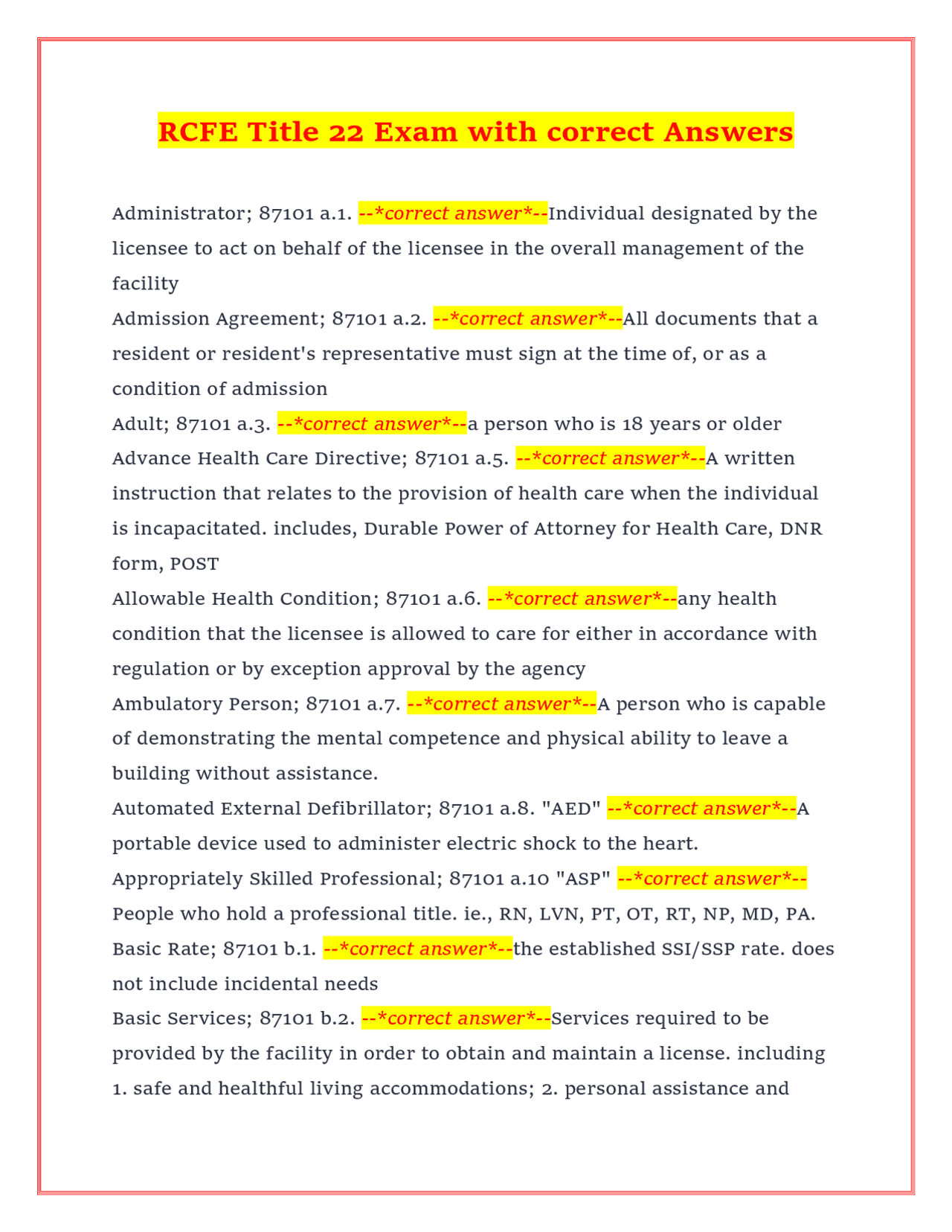 RCFE Title 22 Exam with correct Answers | Exams Nursing | Docsity