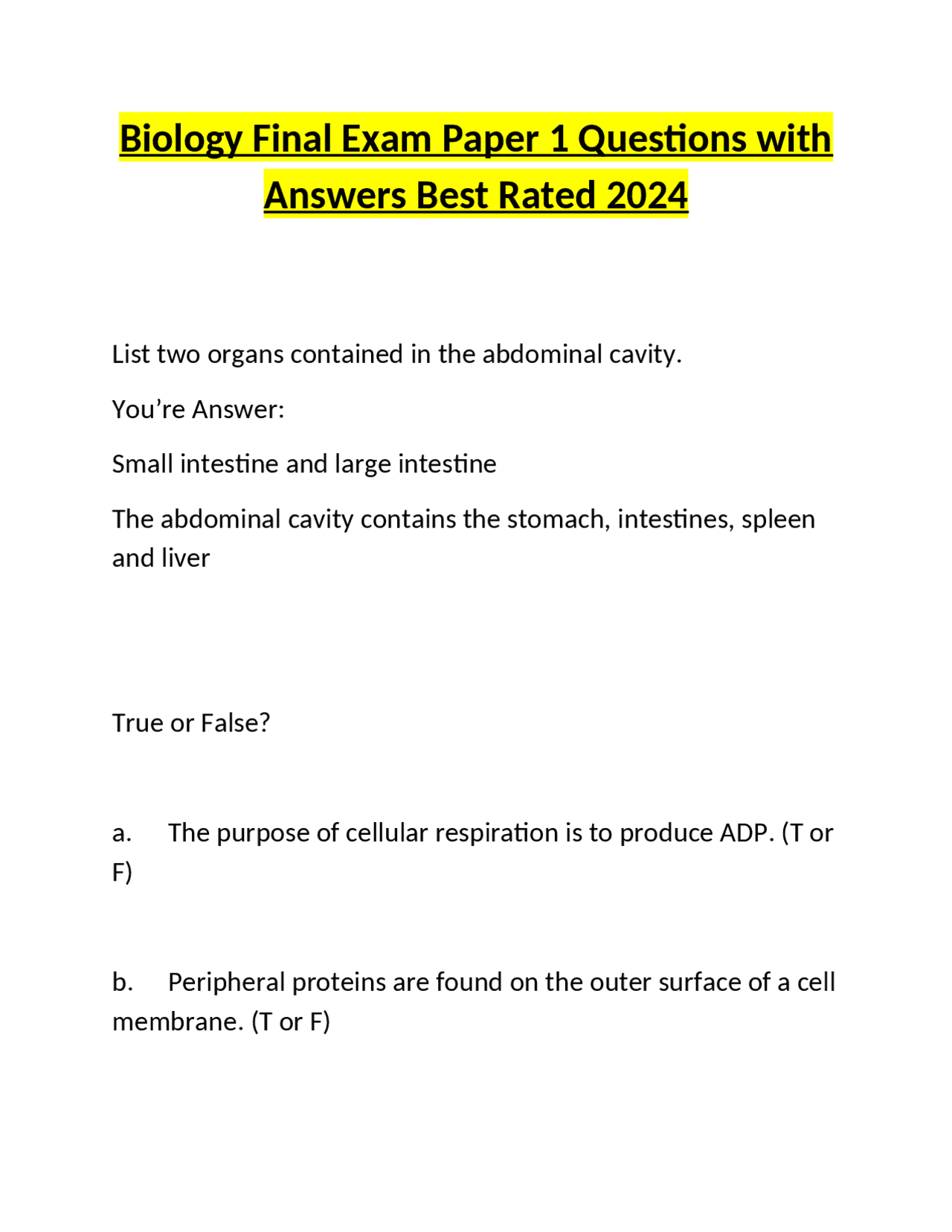 Biology Final Exam Paper 1 Questions with Answers Best Rated 2024 ...