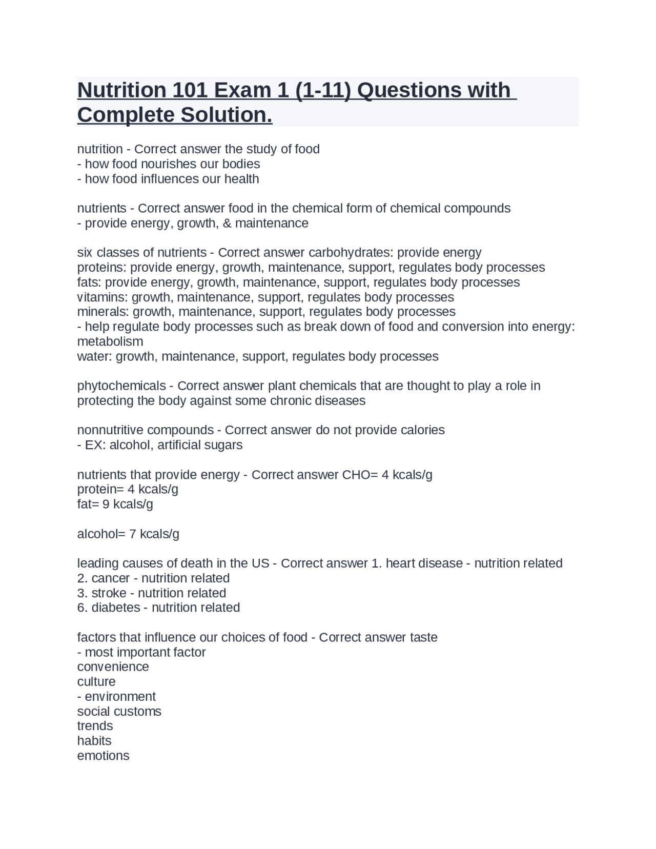 Nutrition 101 Exam 1 (1-11) Questions with Complete Solution. | Exams ...
