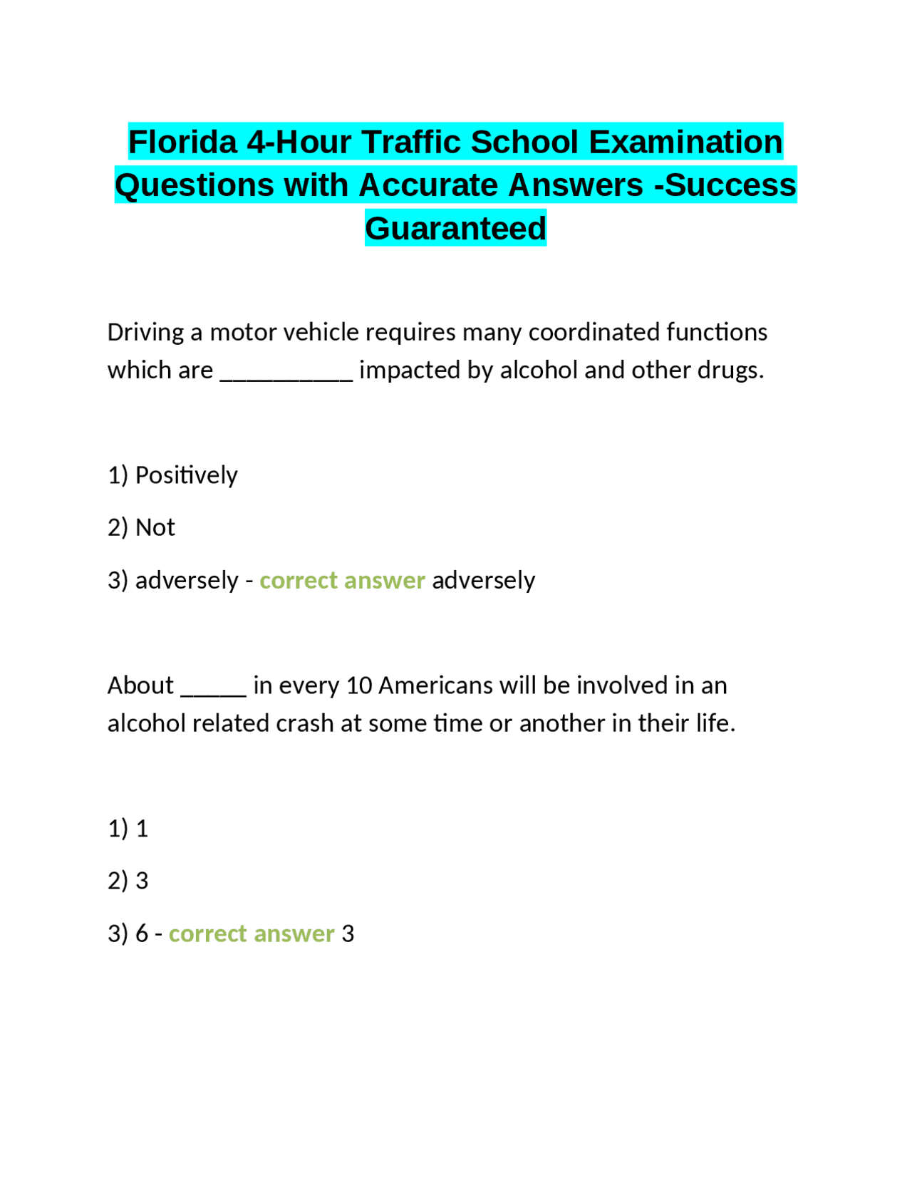 Florida 4-Hour Traffic School Examination Questions with Accurate ...