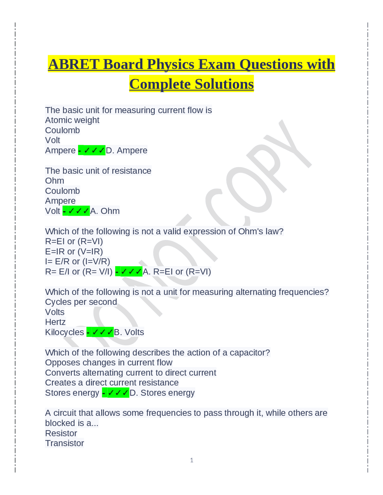 ABRET Board Physics Exam Questions with Complete Solutions | Exams Physics | Docsity