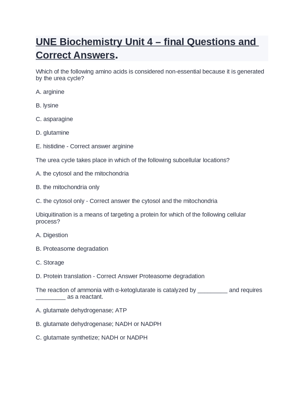 UNE Biochemistry Unit 4 – final Questions and Correct Answers | Exams ...