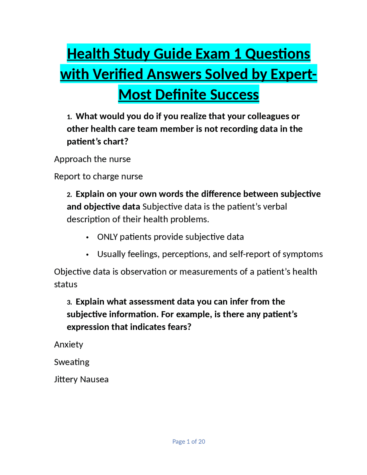 Health Study Guide Exam 1 Questions with Verified Answers Solved by ...