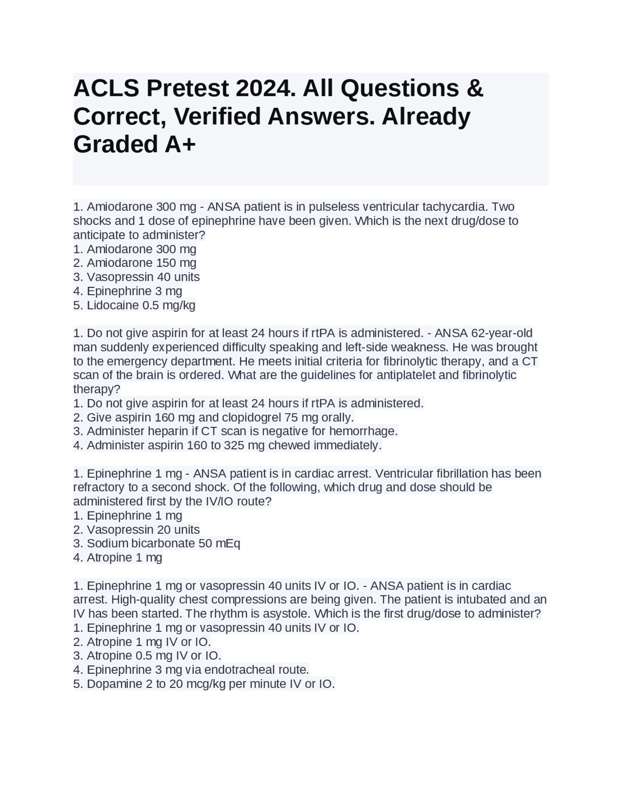 ACLS Pretest 2024. All Questions & Correct, Verified Answers. Already ...