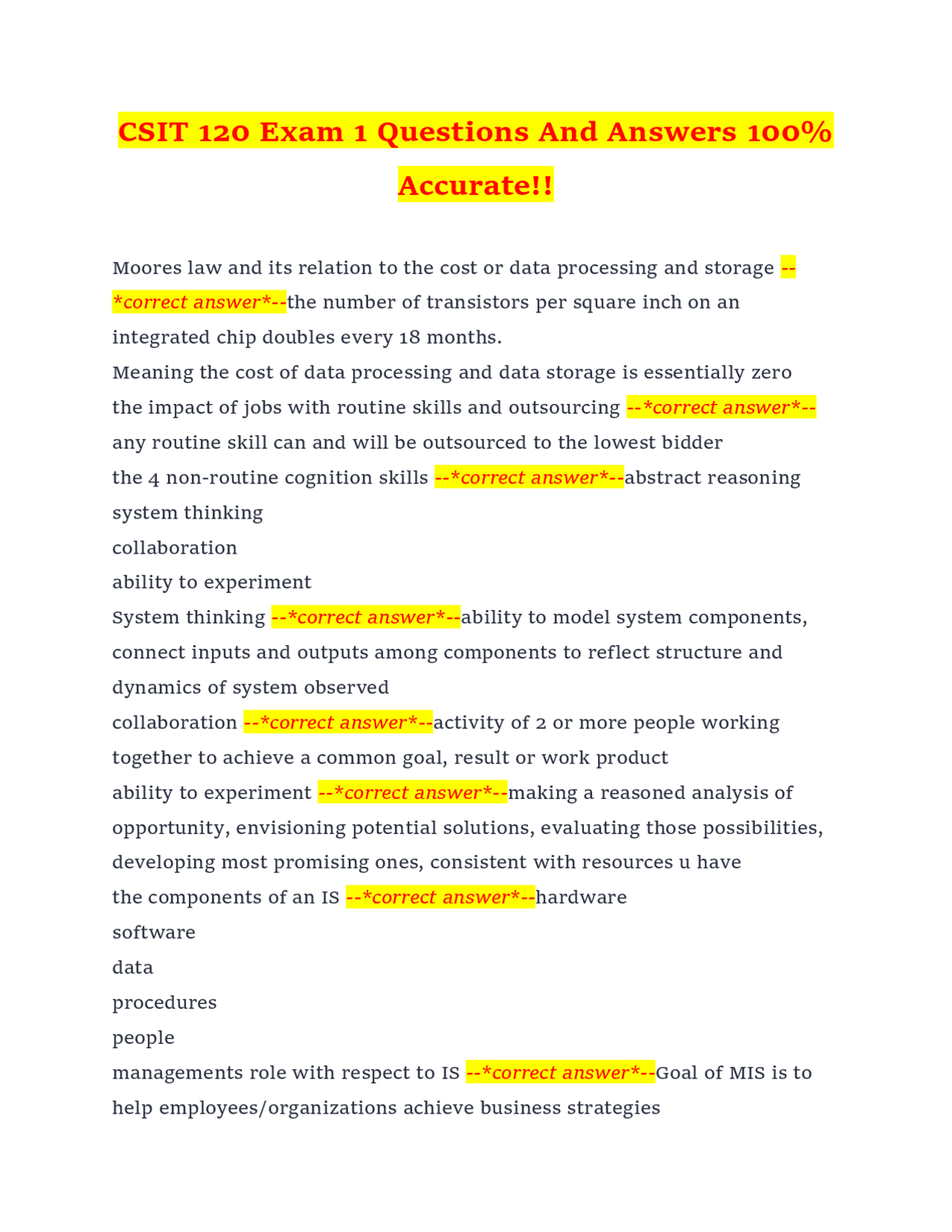 CSIT 120 Exam 1 Questions And Answers 100% Accurate!! | Exams Nursing ...