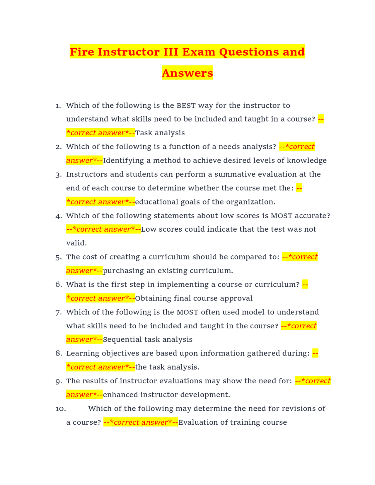 Fire Instructor III Exam Questions and Answers | Exams Nursing | Docsity