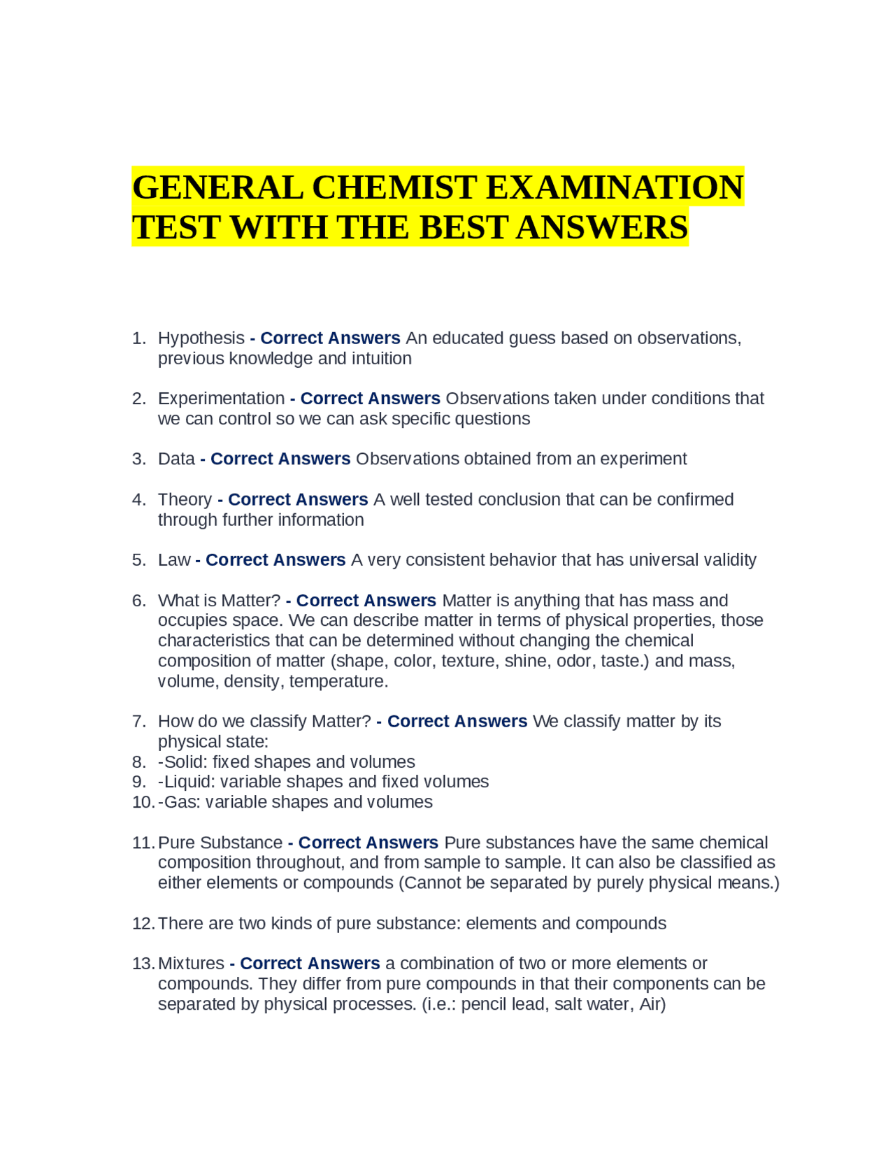 GENERAL CHEMIST EXAMINATION TEST WITH THE BEST ANSWERS | Exams ...