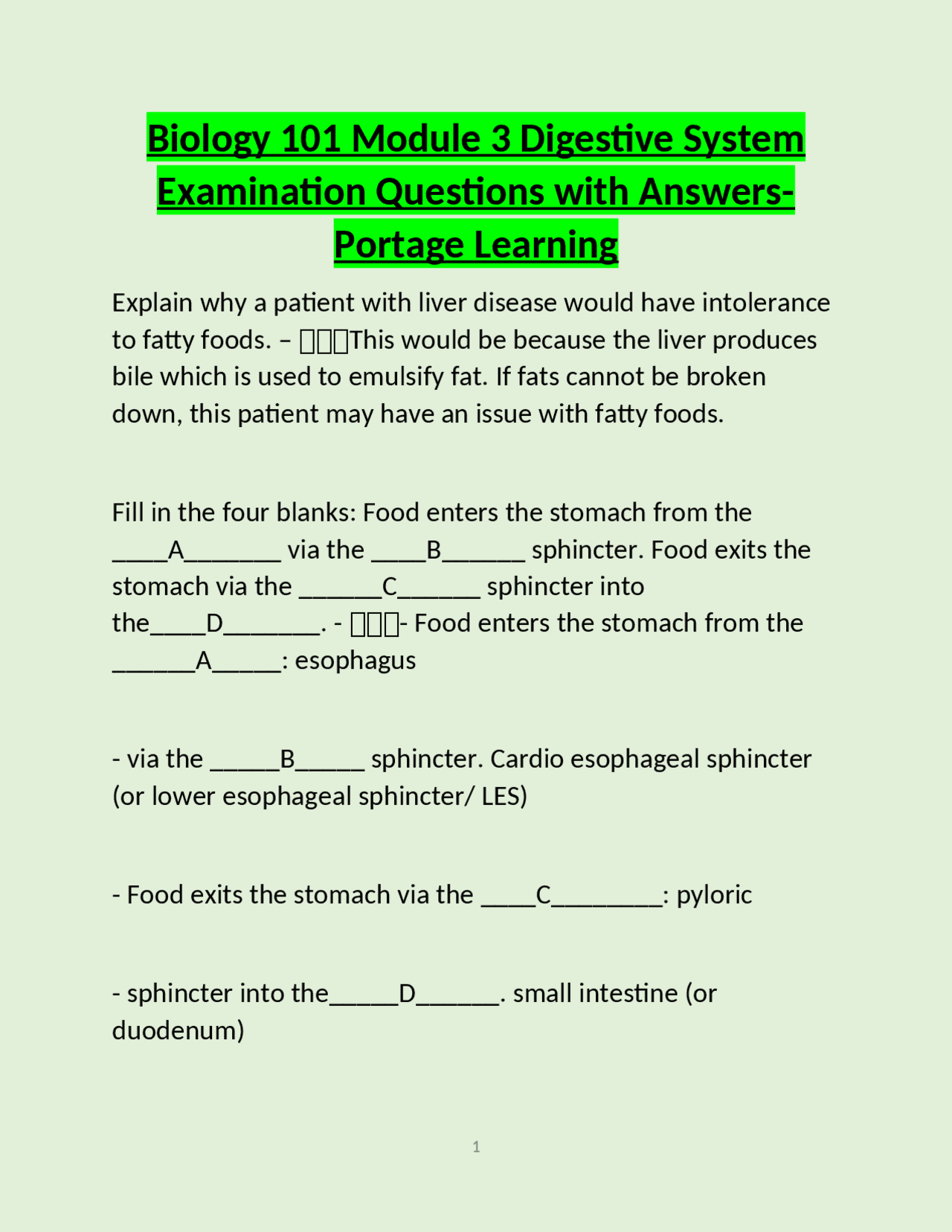 Biology 101 Module 3 Digestive System Examination Questions with ...