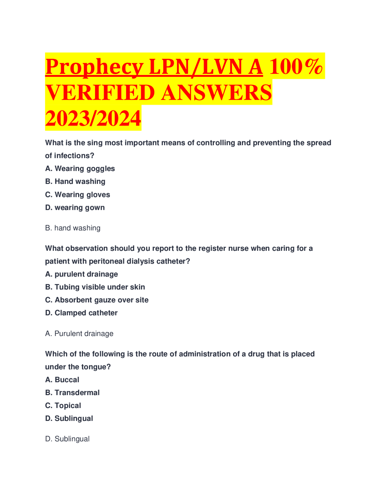 Prophecy LPN/LVN A 100% VERIFIED ANSWERS 2023/2024 | Study Guides ...