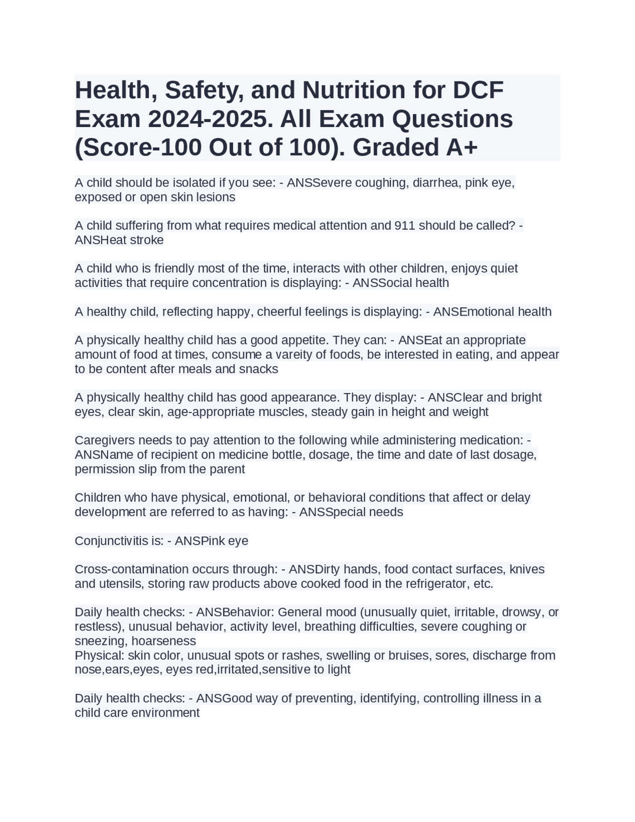 Health, Safety & Nutrition for DCF Exam 2024-2025. All Exam Questions ...