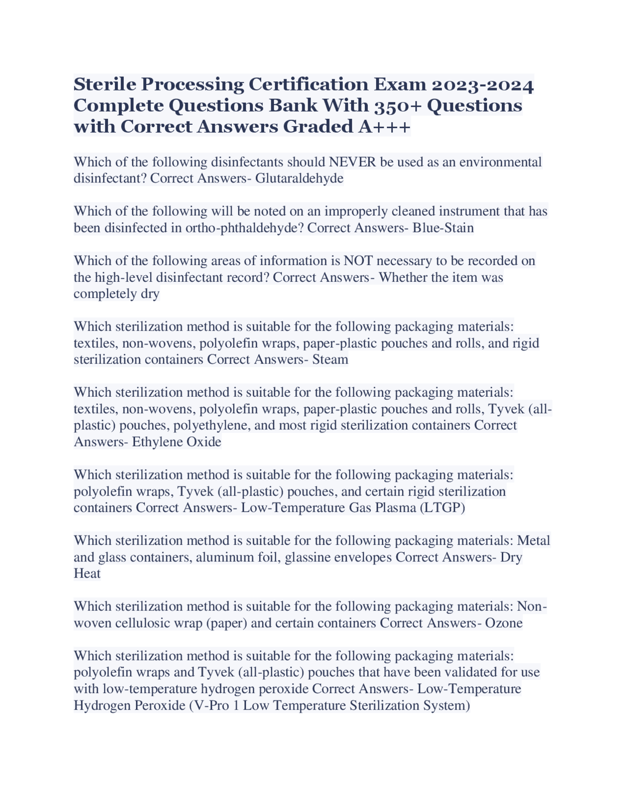 Sterile Processing Certification Exam 2023-2024 Complete Questions Bank ...