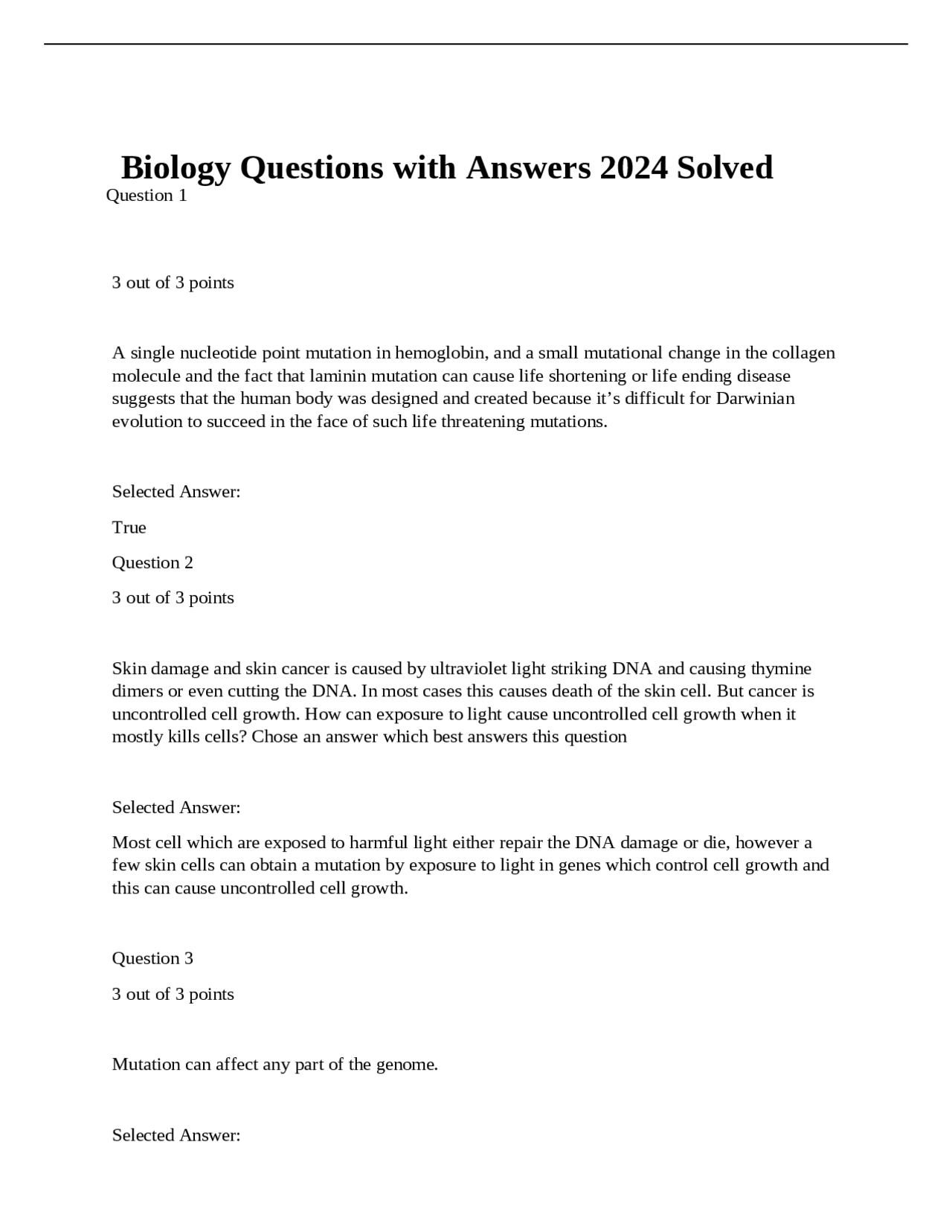 Biology Questions with Answers 2024 Solved | Quizzes Biology | Docsity