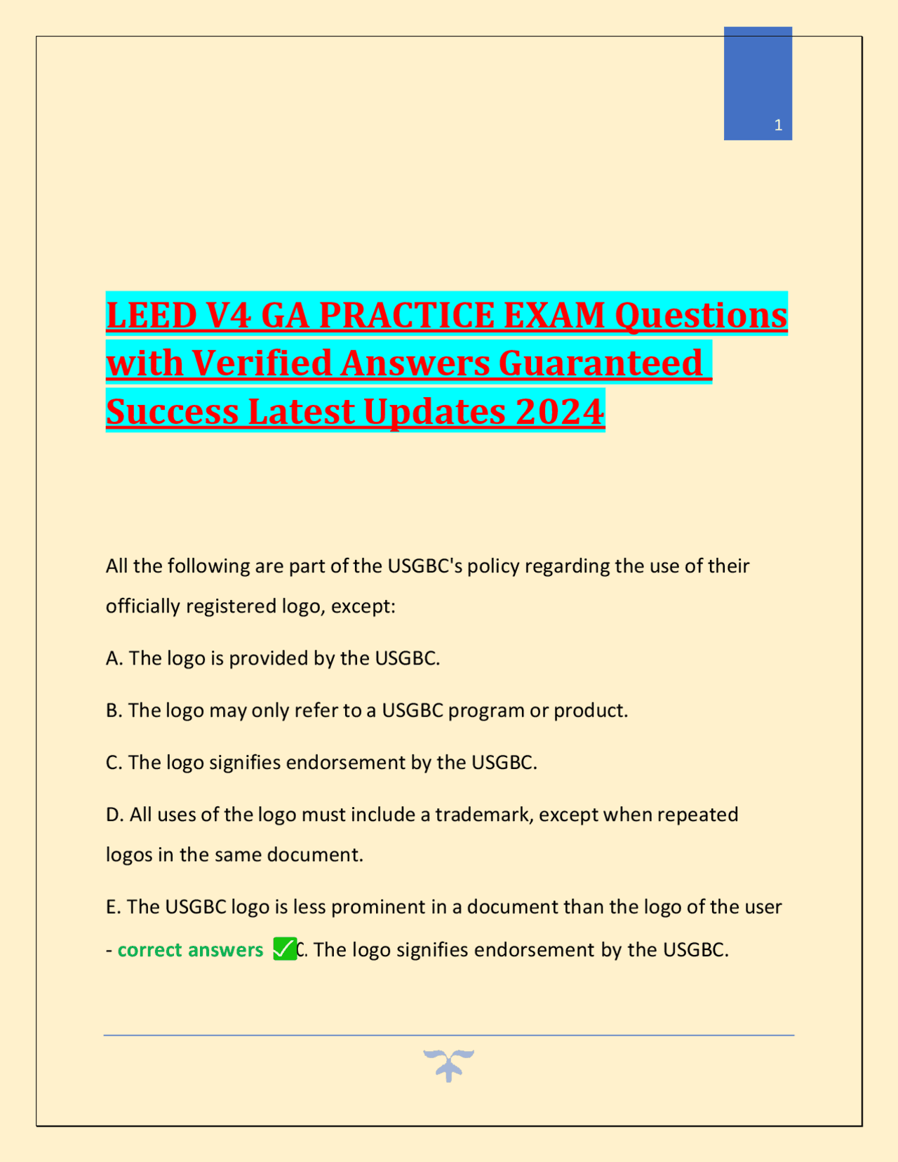 LEED V4 GA PRACTICE EXAM Questions with Verified Answers Guaranteed ...
