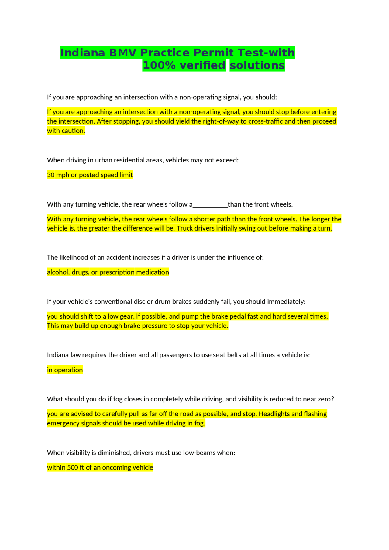 Indiana BMV Practice Permit Test-with 100 verified solutions.docx ...