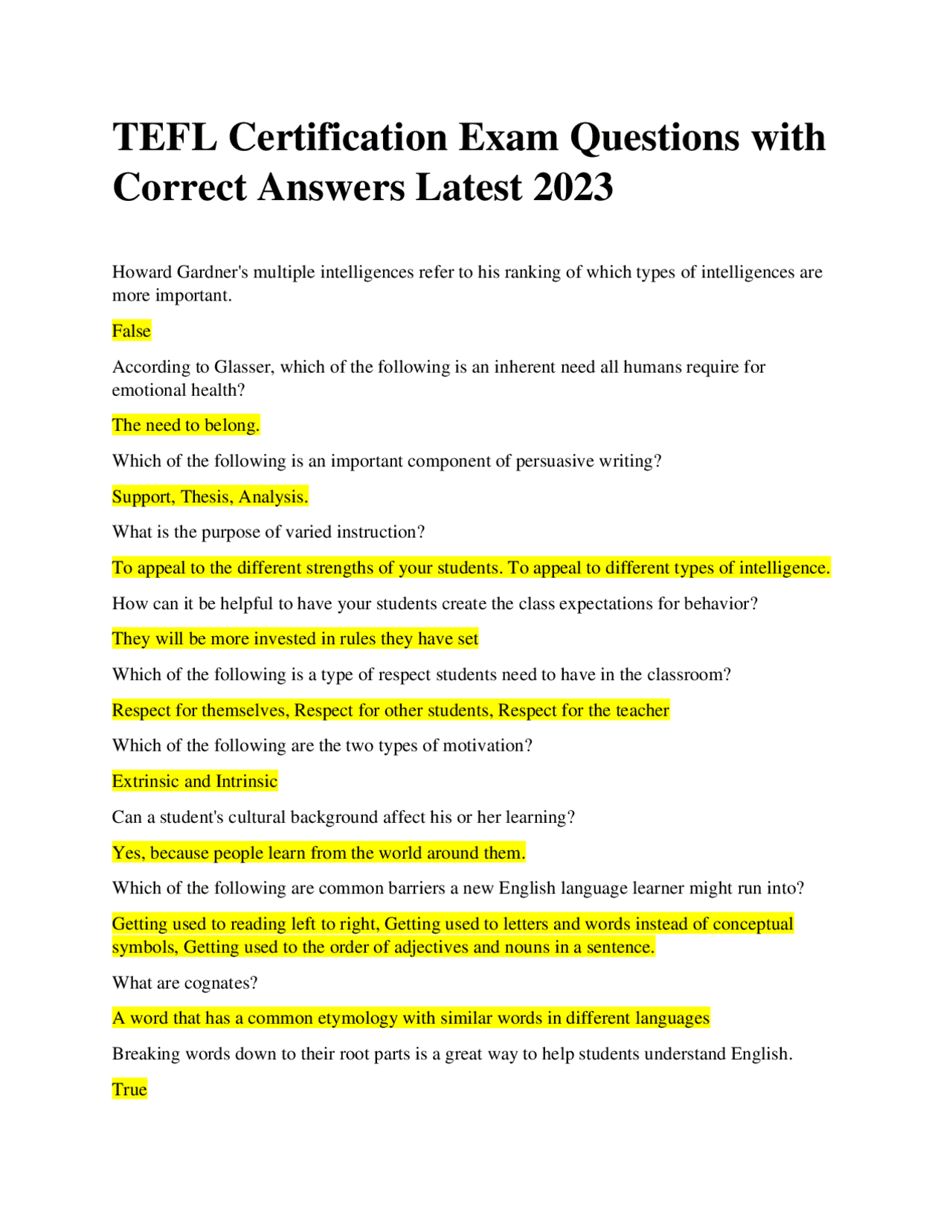 TEFL Certification Exam Questions and Answers 2023 | Exams English ...