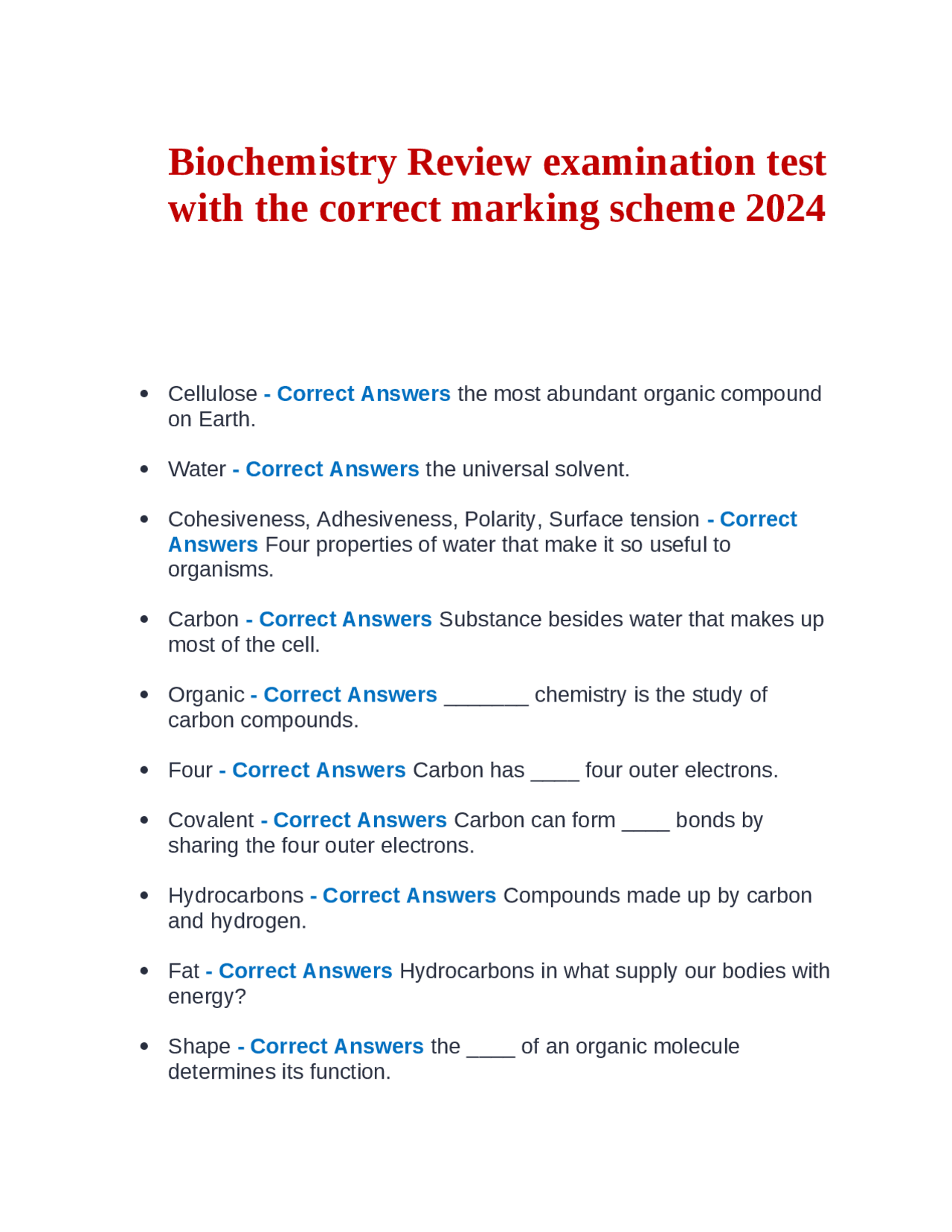 Biochemistry Review examination test with the correct marking scheme ...