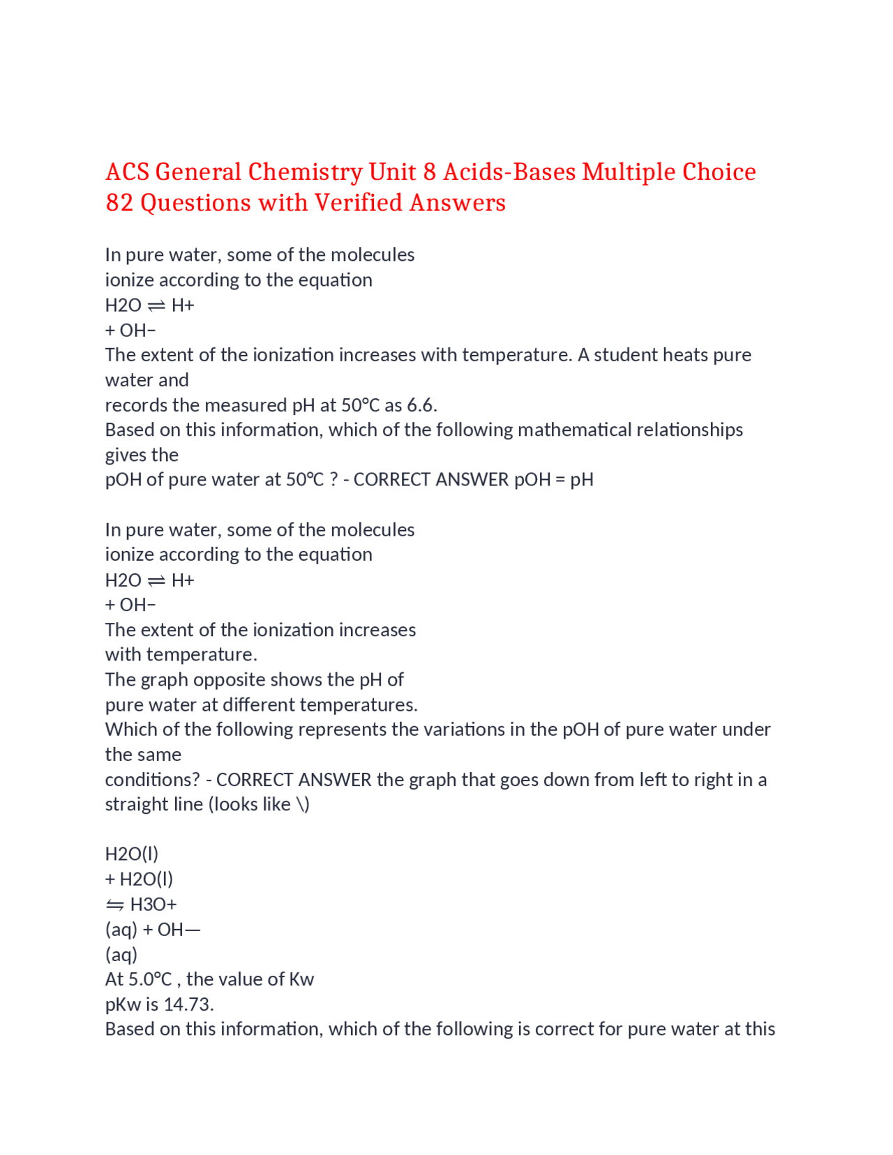 ACS General Chemistry Unit 8 Acids-Bases Multiple Choice 82 Questions ...