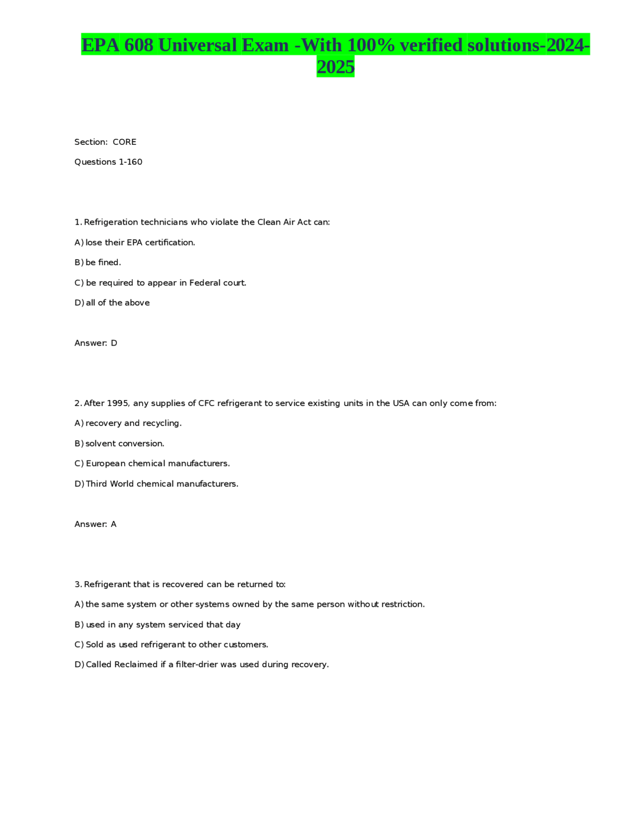 EPA 608 Universal Exam -With 100% verified solutions-2024-2025.docx ...