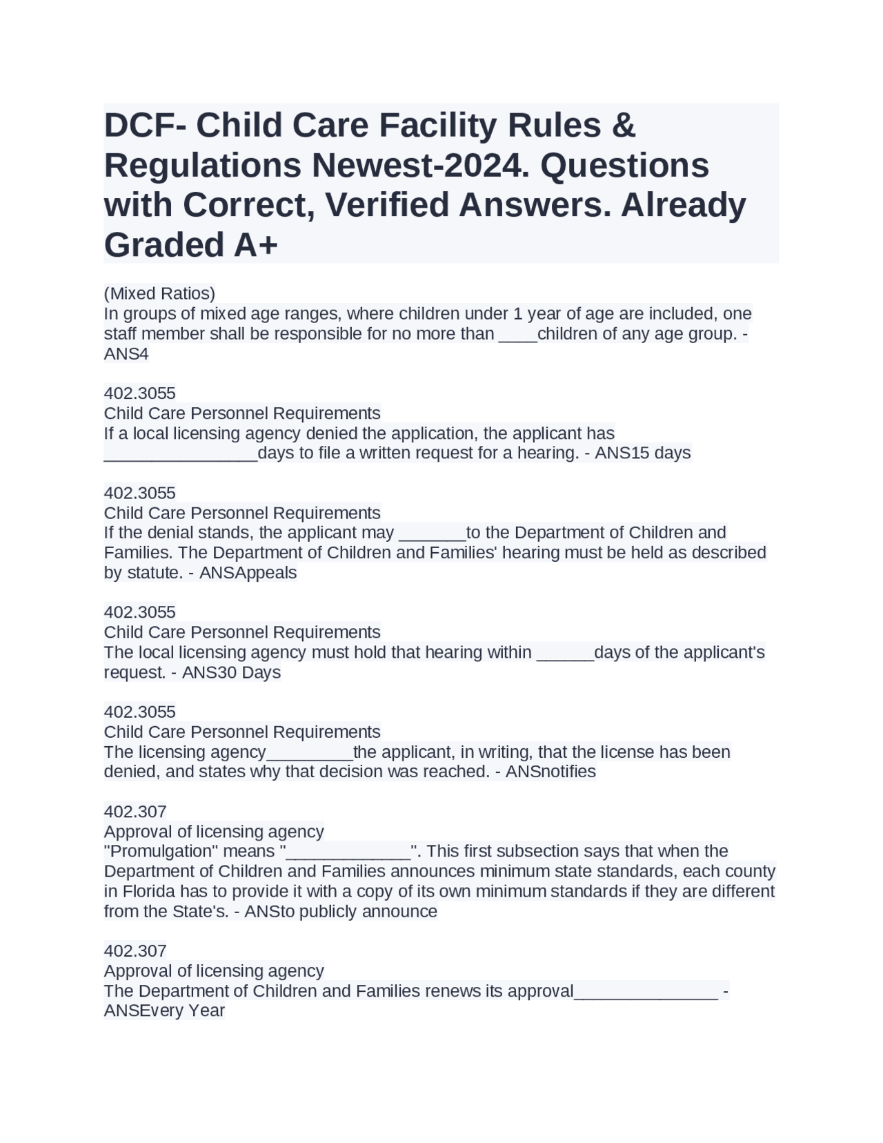 DCF- Child Care Facility Rules & Regulations Newest 2024. Questions ...