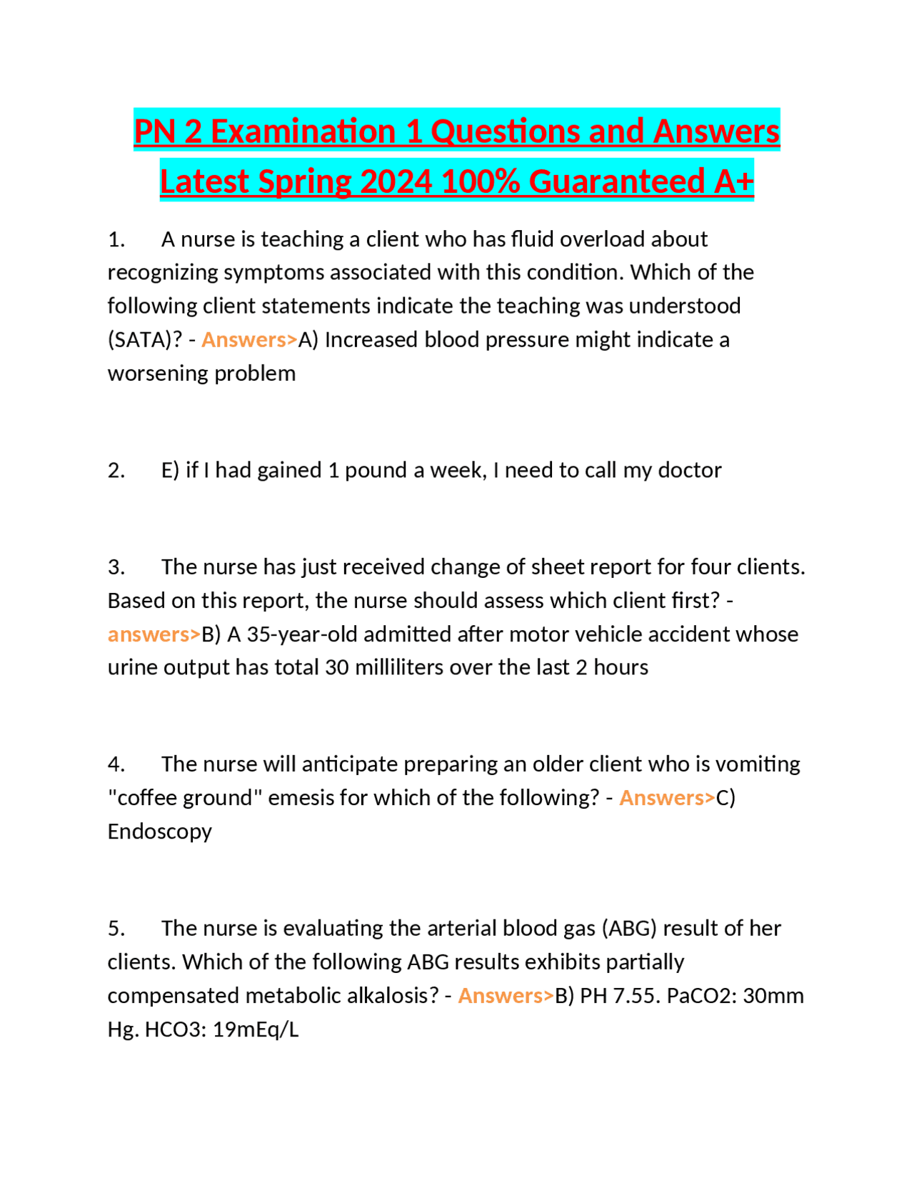 PN 2 Examination 1 Questions and Answers Latest Spring 2024 100% ...
