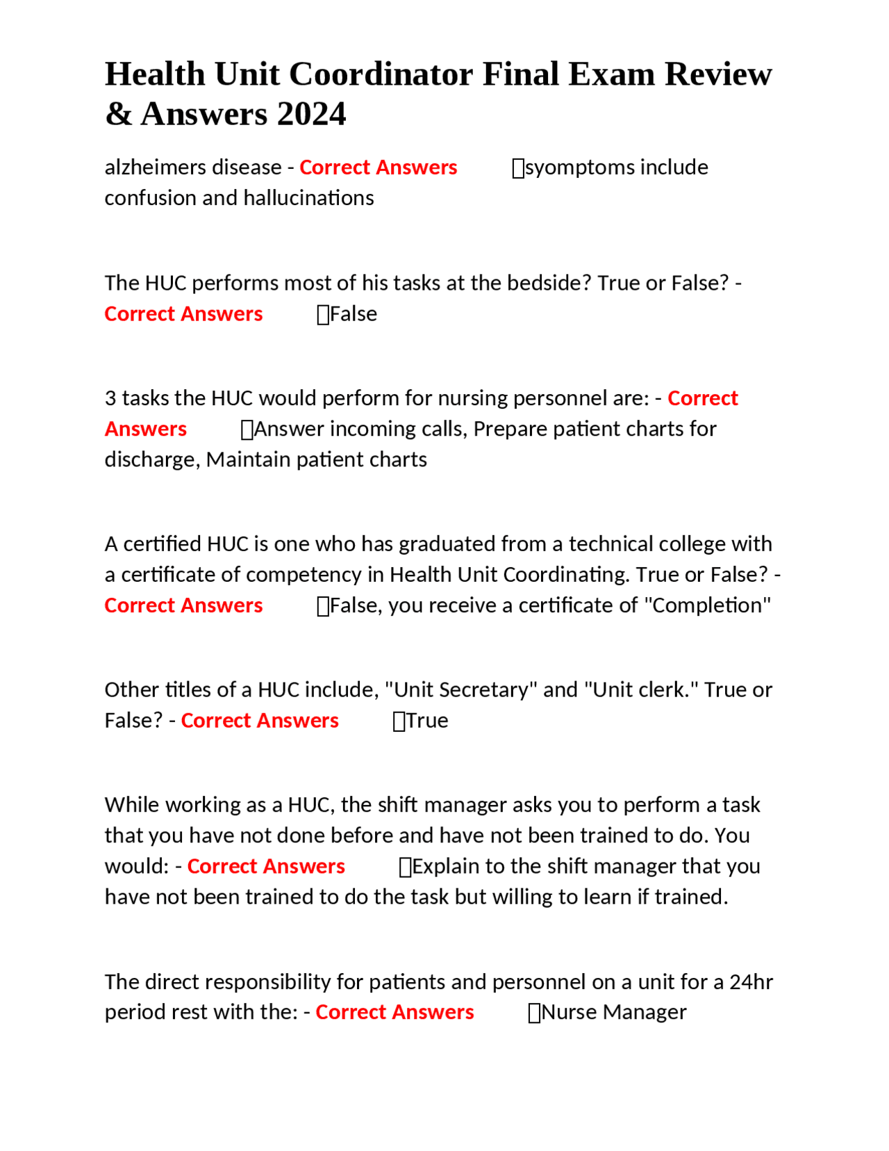 Health Unit Coordinator Final Exam Review & Answers 2024 | Exams ...