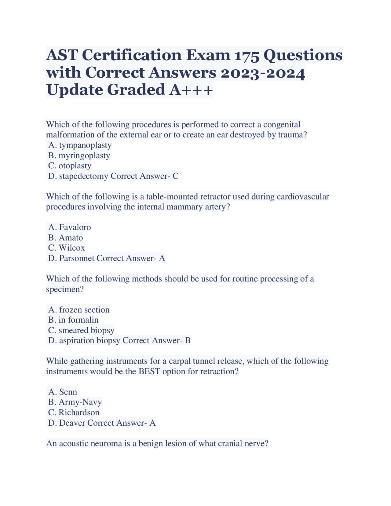 AST Certification Exam 175 Questions with Correct Answers 2023-2024 ...