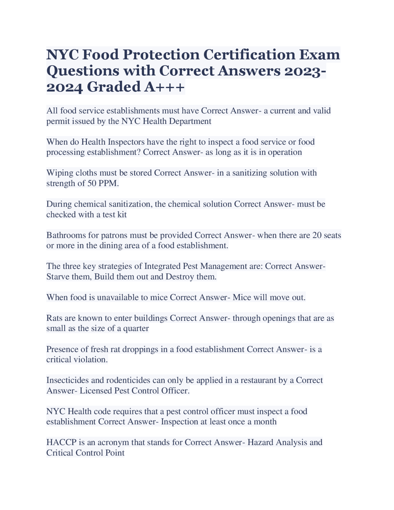 NYC Food Protection Certification Exam Questions with Correct Answers ...