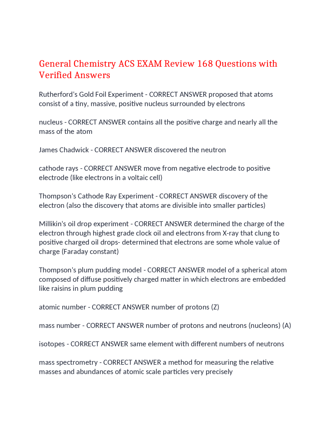 General Chemistry ACS EXAM Review 168 Questions with Verified Answers ...