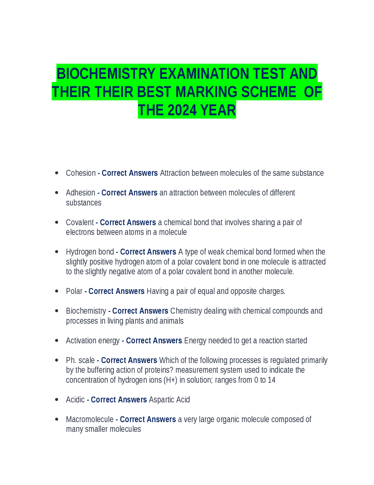 BIOCHEMISTRY EXAMINATION TEST AND THEIR THEIR BEST MARKING SCHEME OF ...