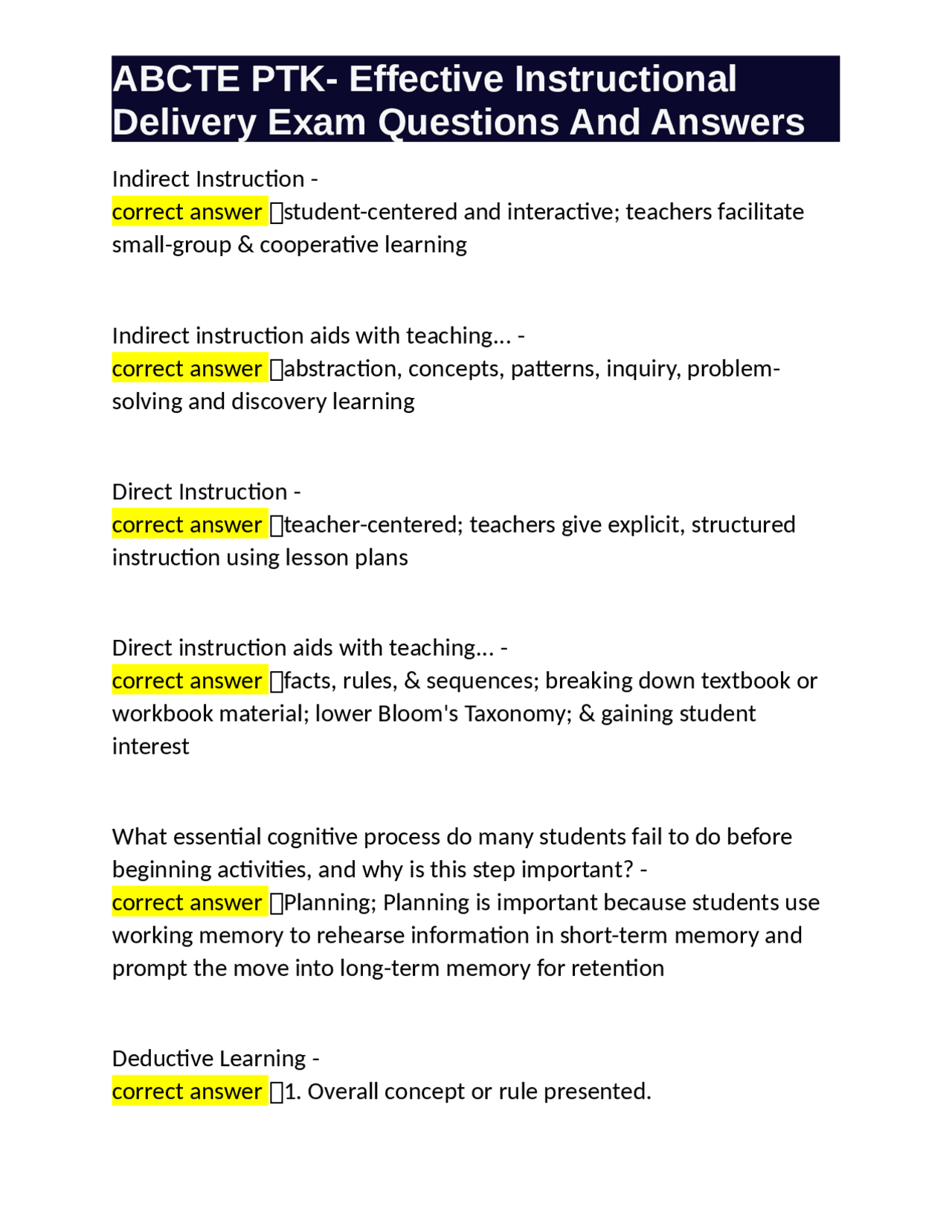 ABCTE PTK- Effective Instructional Delivery Exam Questions And Answers ...