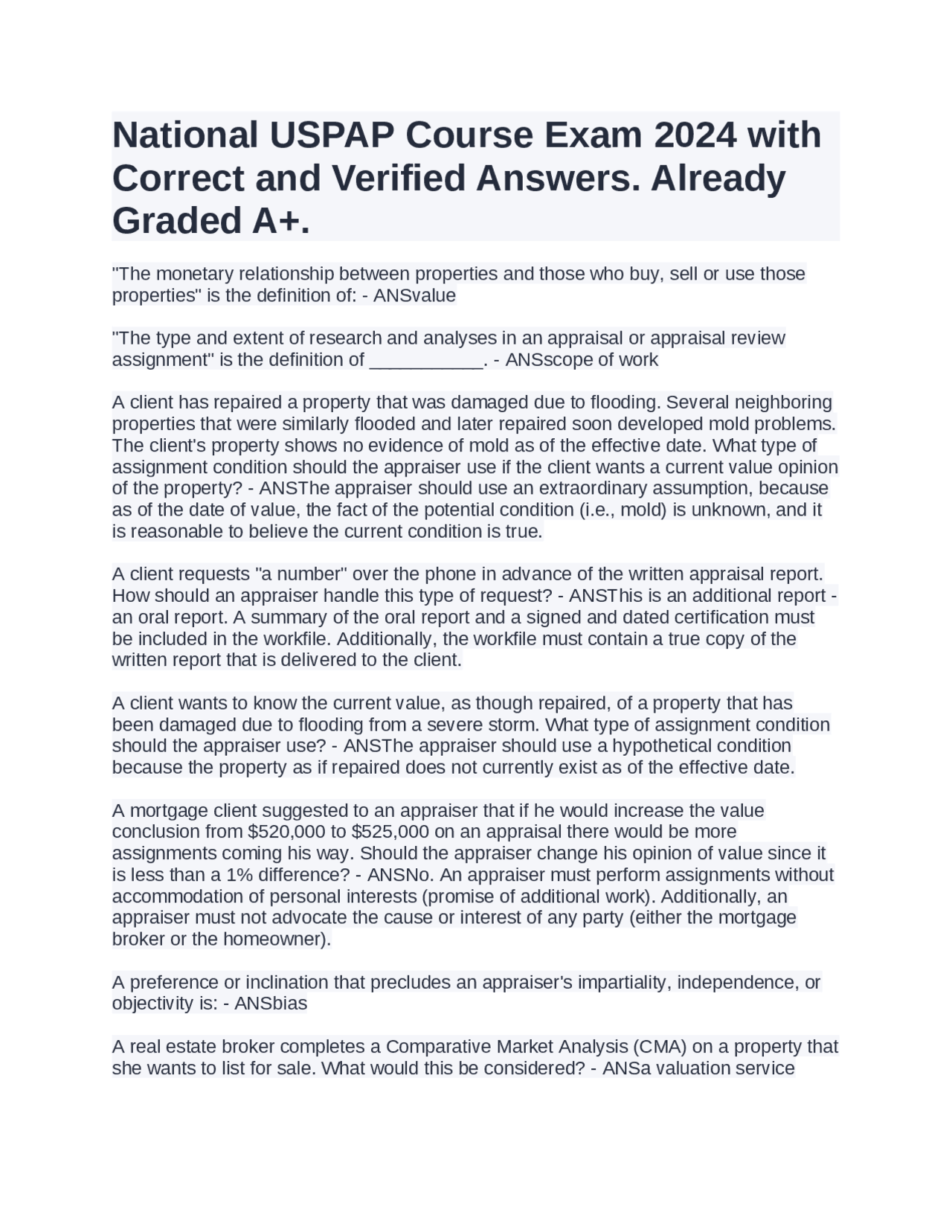 National USPAP Course Exam 2024 with Correct and Verified Answers ...