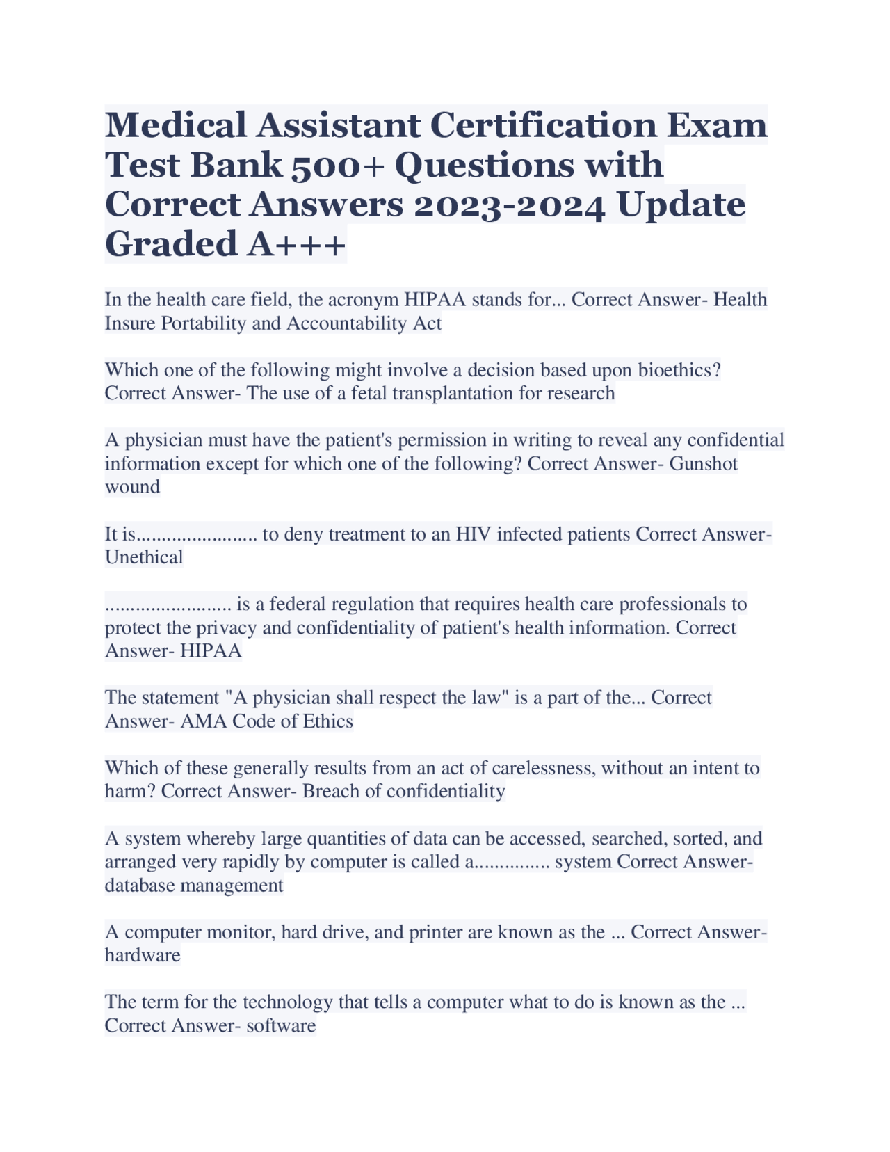 Medical Assistant Certification Exam Test Bank 500+ Questions with ...